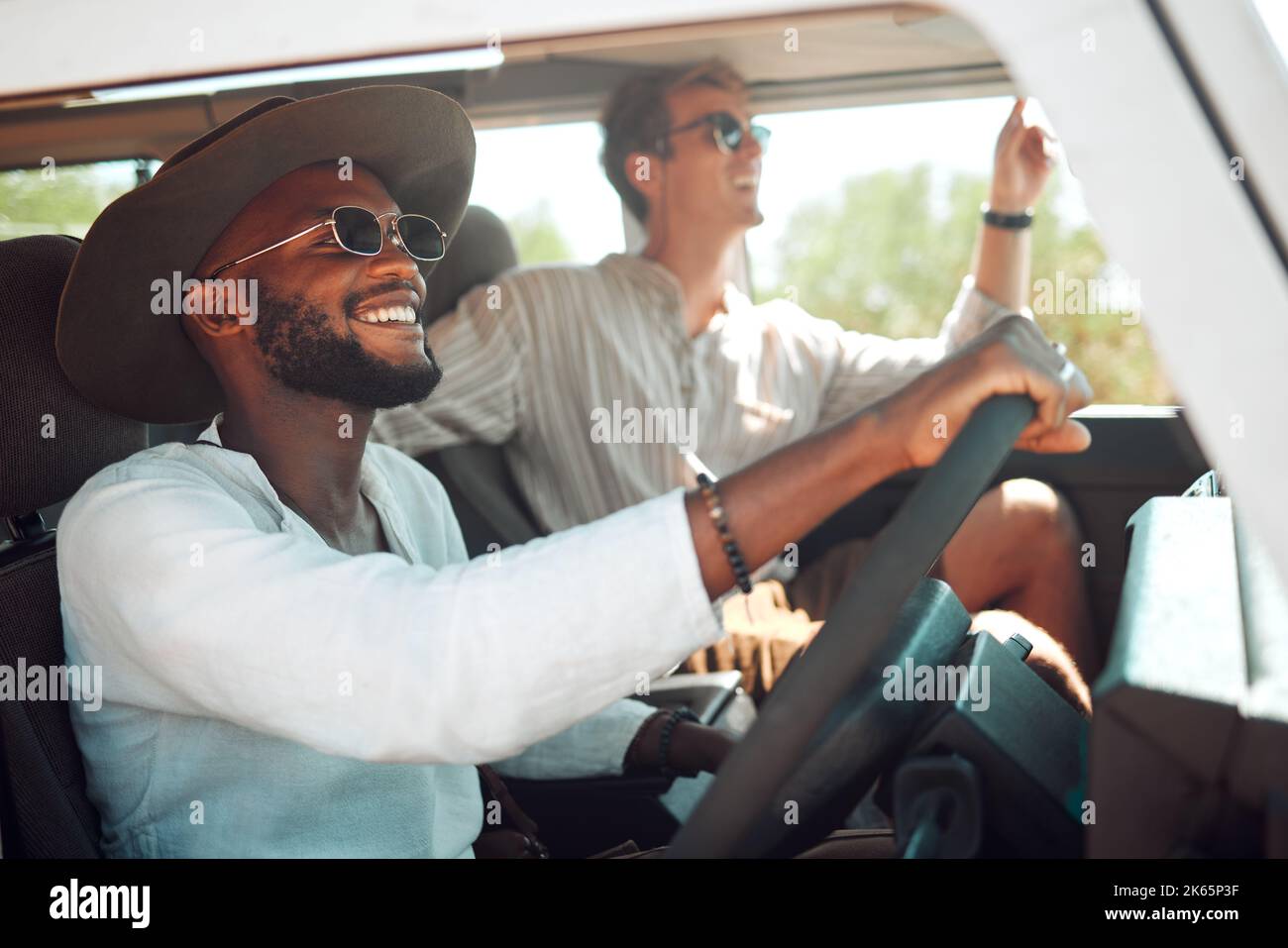 Travel, driving and road trip friends men in caravan for summer nature ...