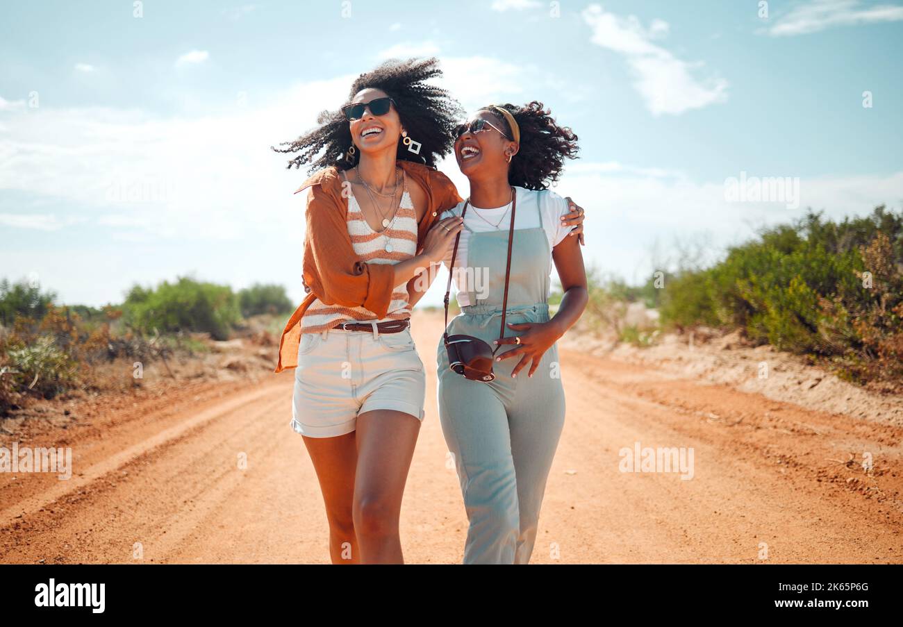 Walking, happy and friends on holiday at a safari during summer ...