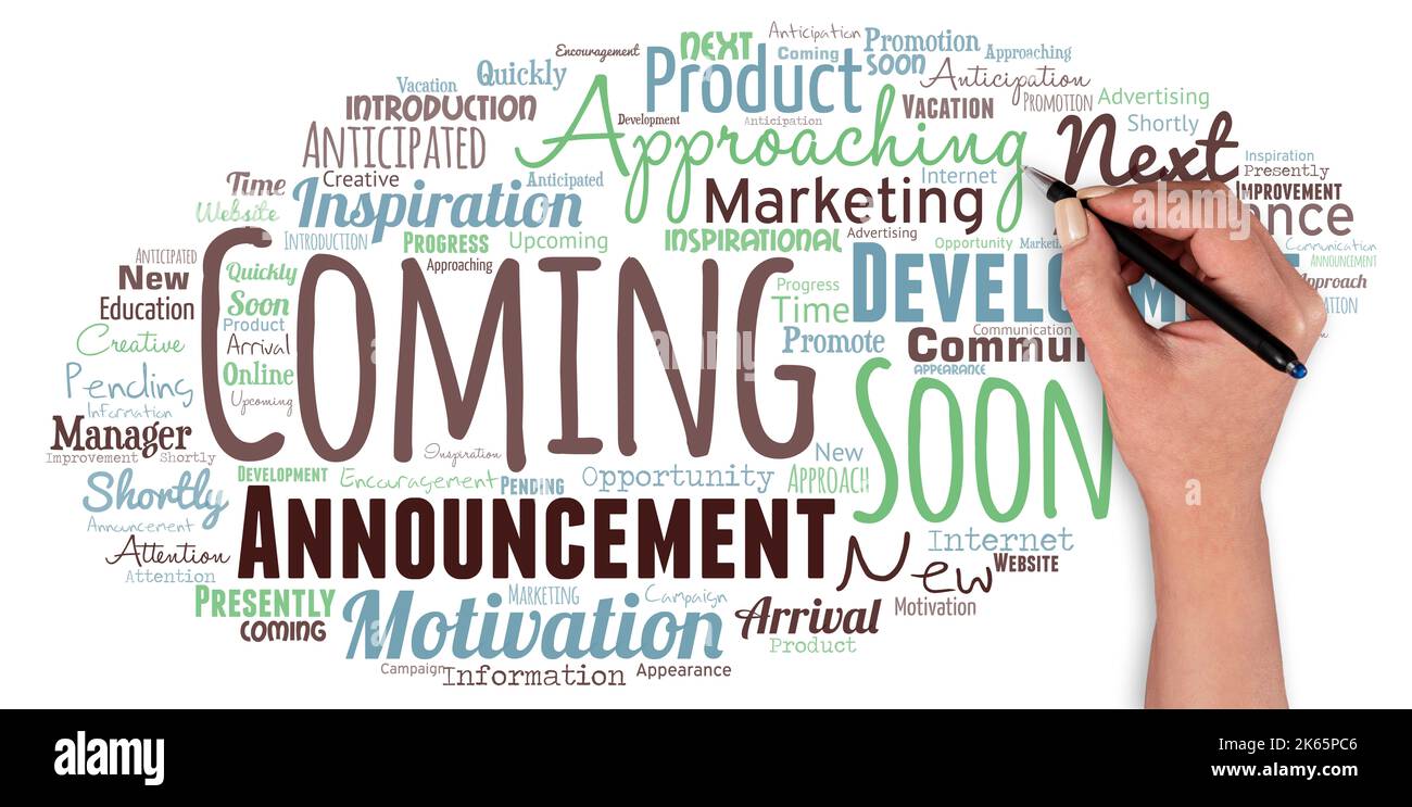 Big word cloud in the shape of UFO with words coming soon with hand and ...