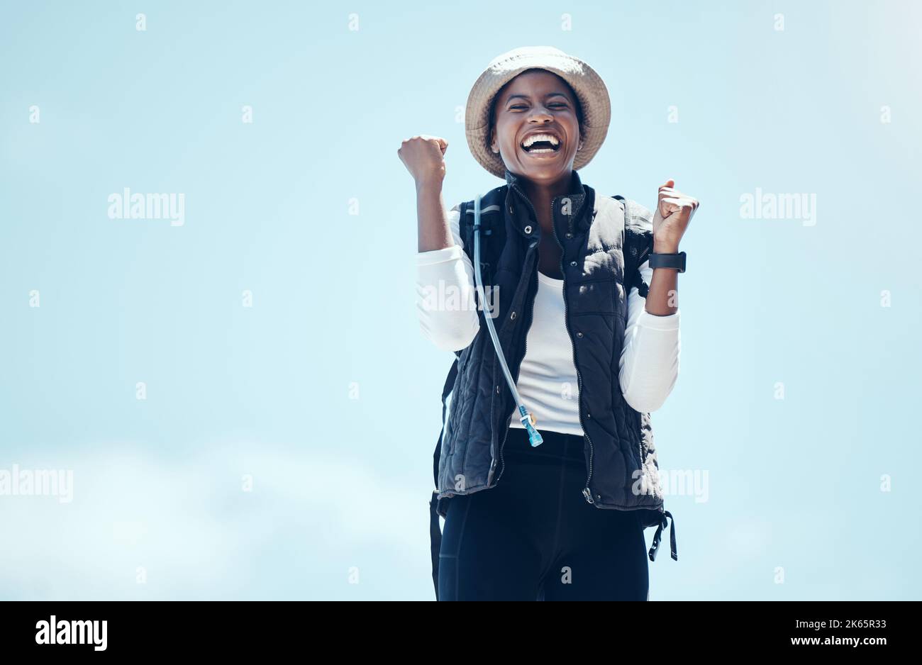 Winner, happy and black woman celebrate fitness journey out in nature ...