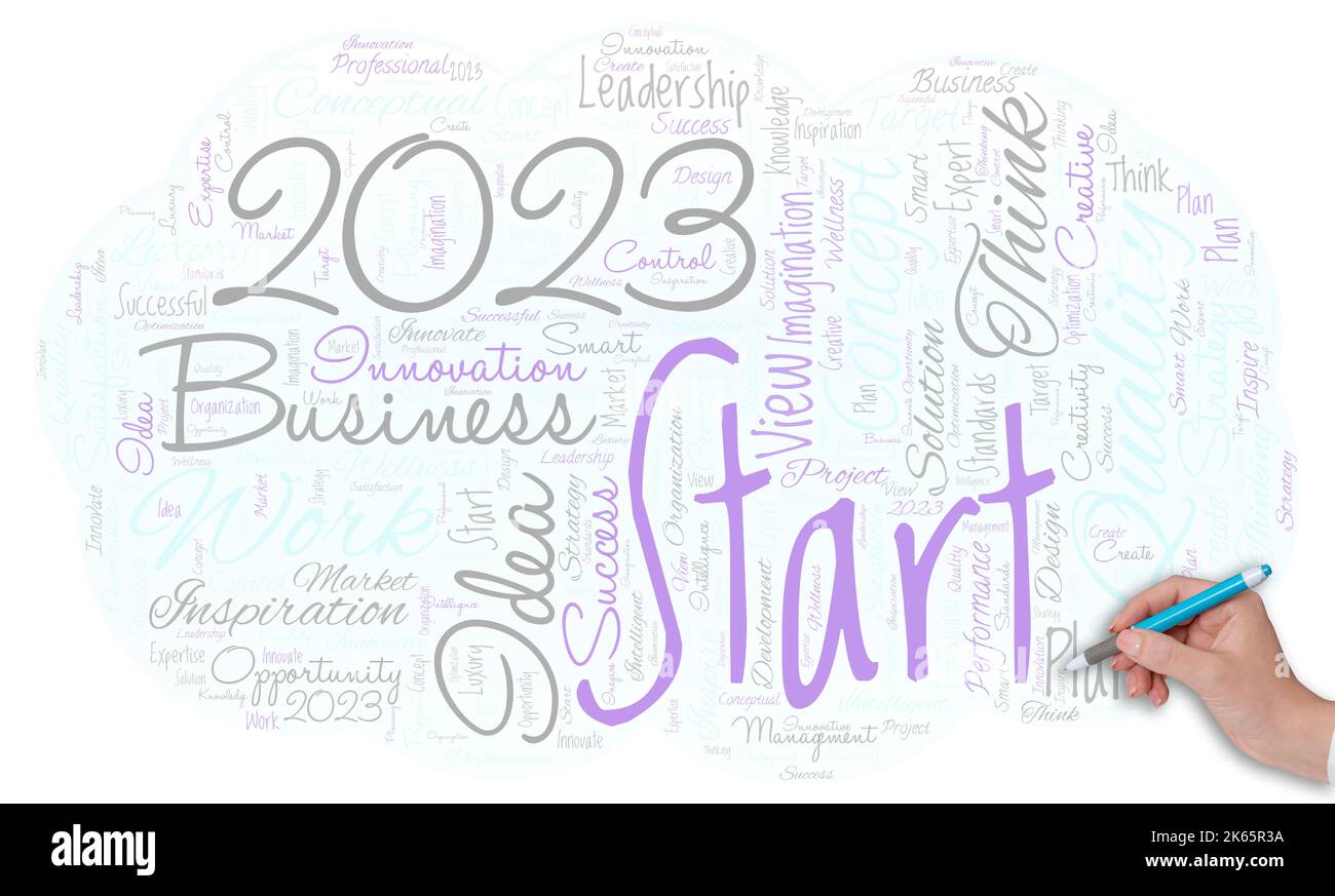 Big word cloud with words 2023 Start with hand and pen. Remembering ...