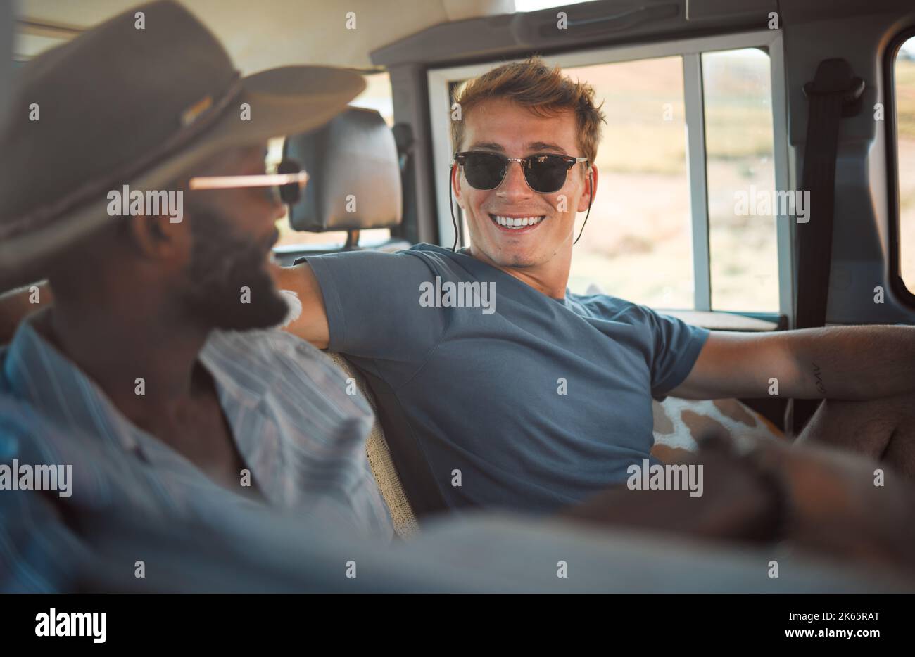 Safari, road trip and travel friends or men in a van with sunglasses ...
