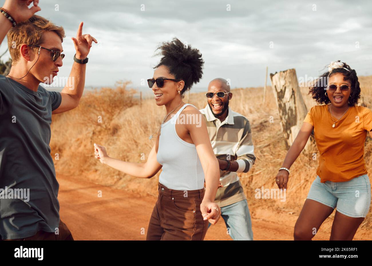 Adventure, dance and friends celebration for travel holiday, nature ...