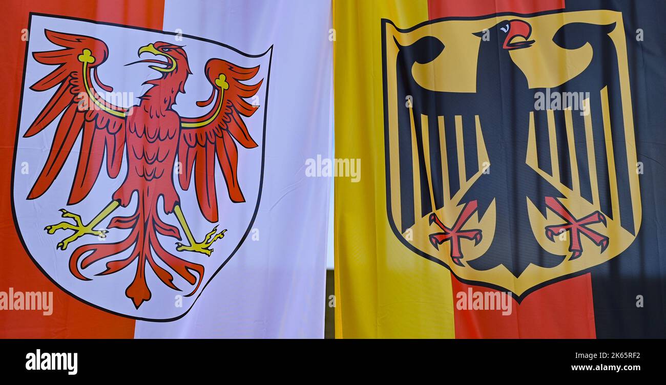 Niederfinow, Germany. 04th Oct, 2022. The two flags of Brandenburg and ...