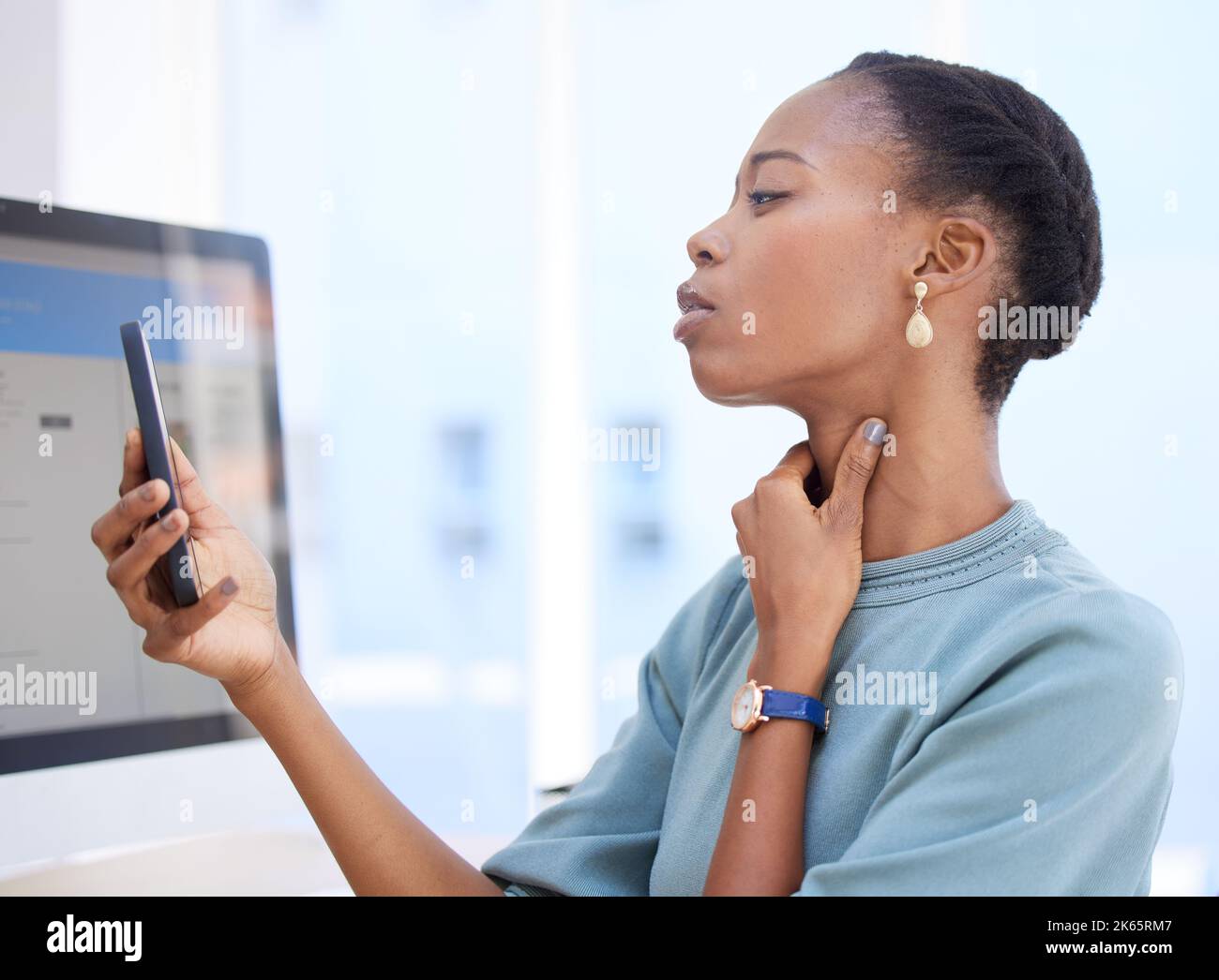 Telehealth, video call and thyroid with business woman with online ...