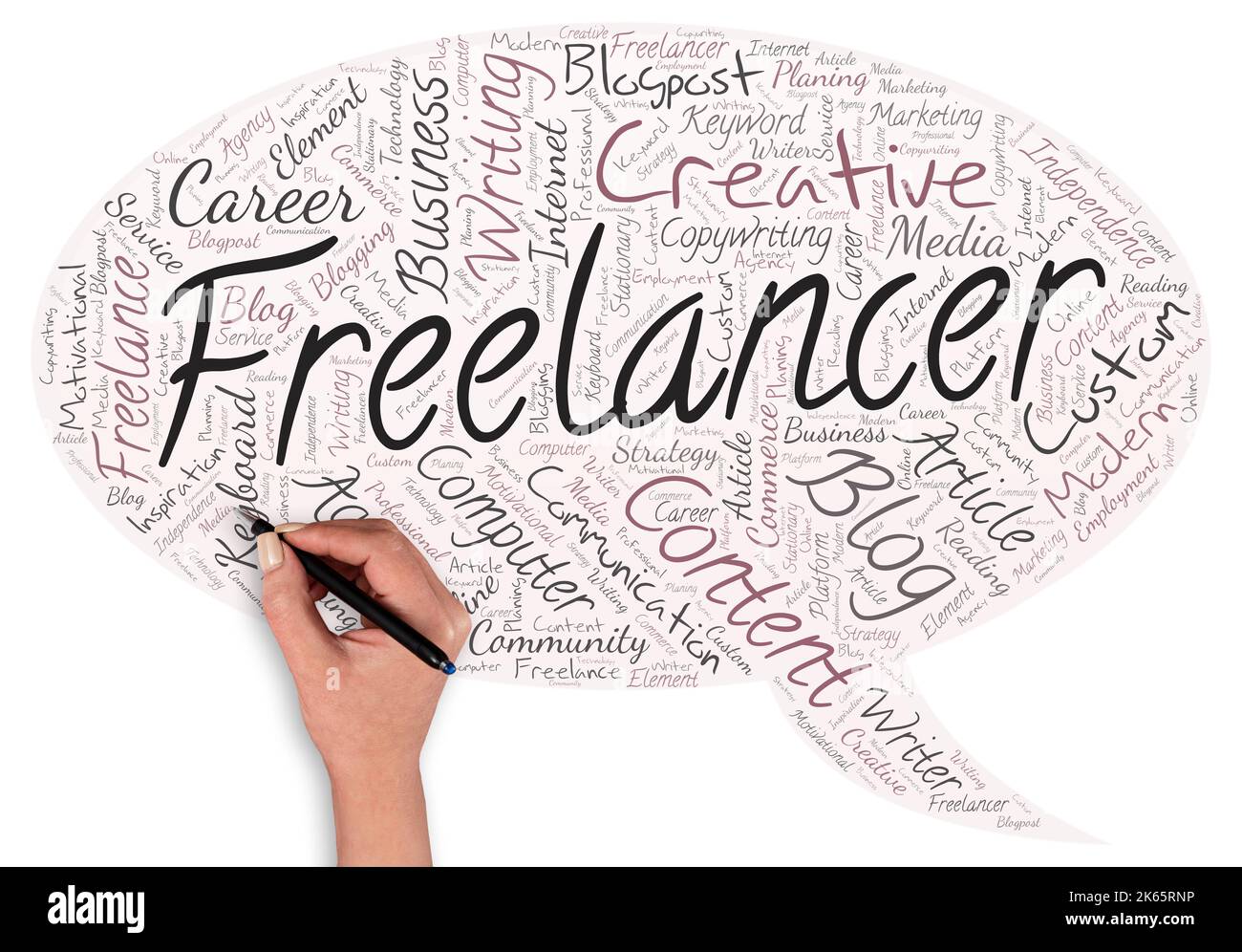 Big word cloud in the shape of speech bubble with hand and pen with ...