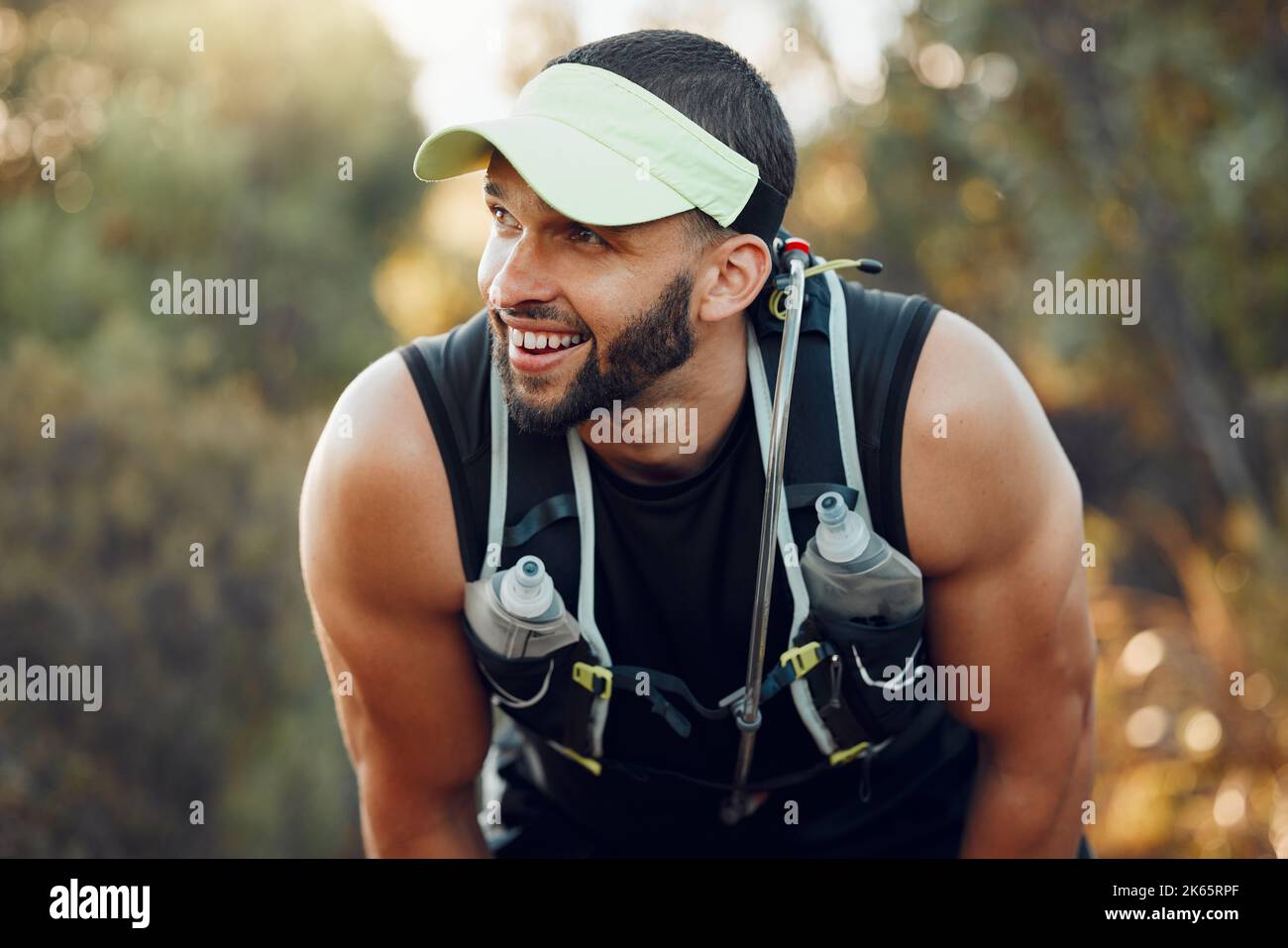 Tired, happy and man thinking after fitness training for cardio ...