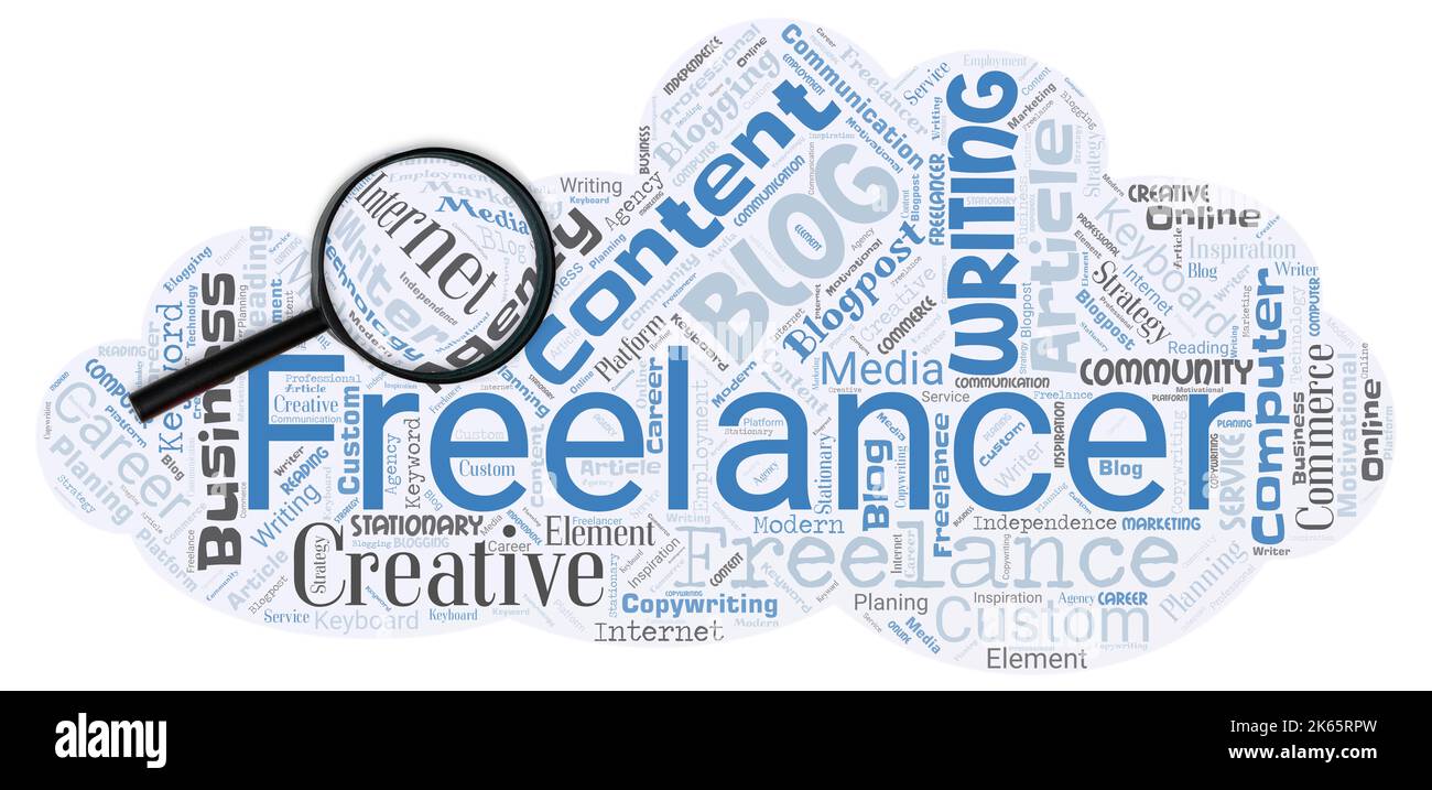 Big word cloud with magnifying glass word freelancer. Person who ...