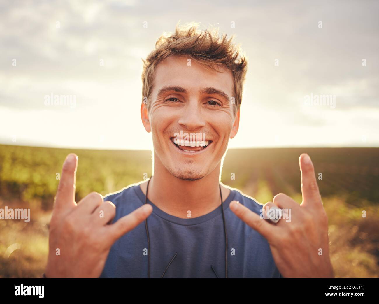 Hand sign, nature and man on holiday in the countryside of Portugal for ...