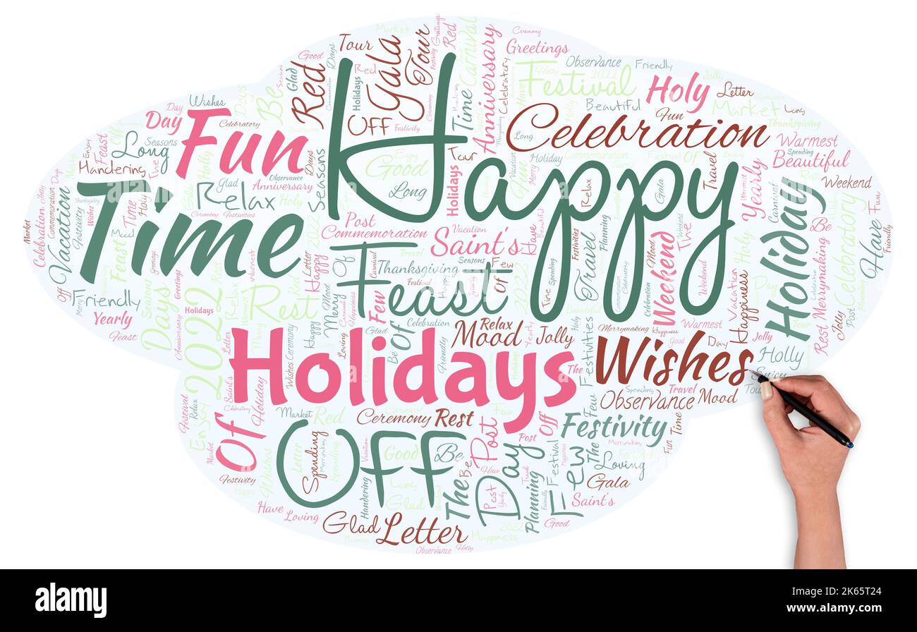 Big word cloud in the shape of UFO with hand and pen with words Happy ...