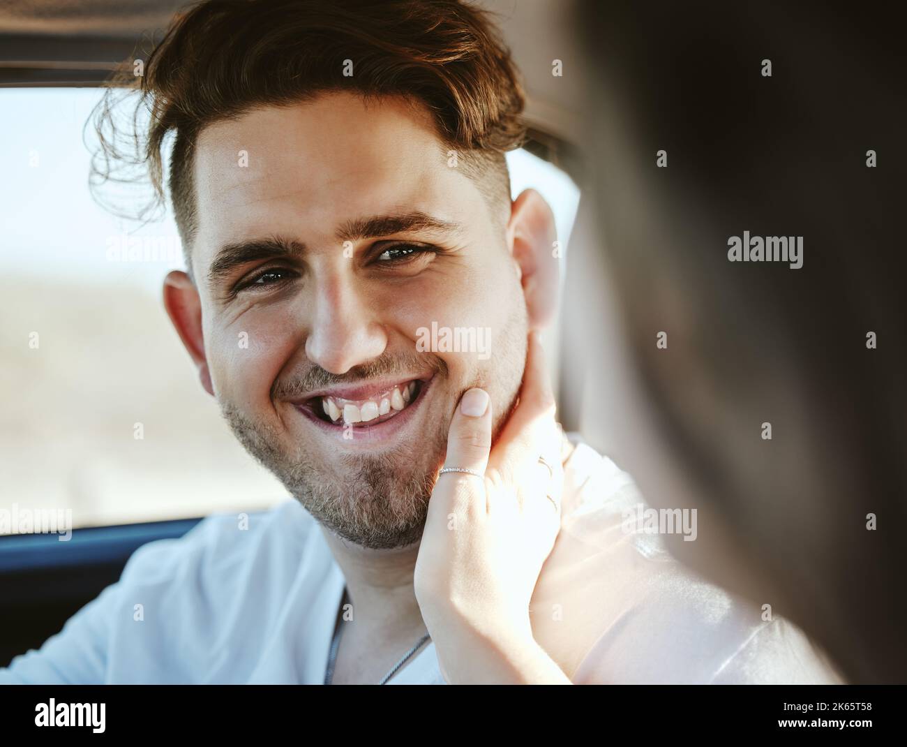 Couple, man and face touch in car with girlfriend for gratitude and ...