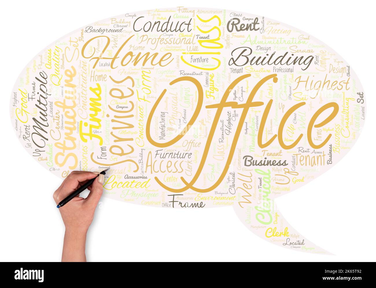 Big word cloud in the shape of speech bubble with hand and pen with ...