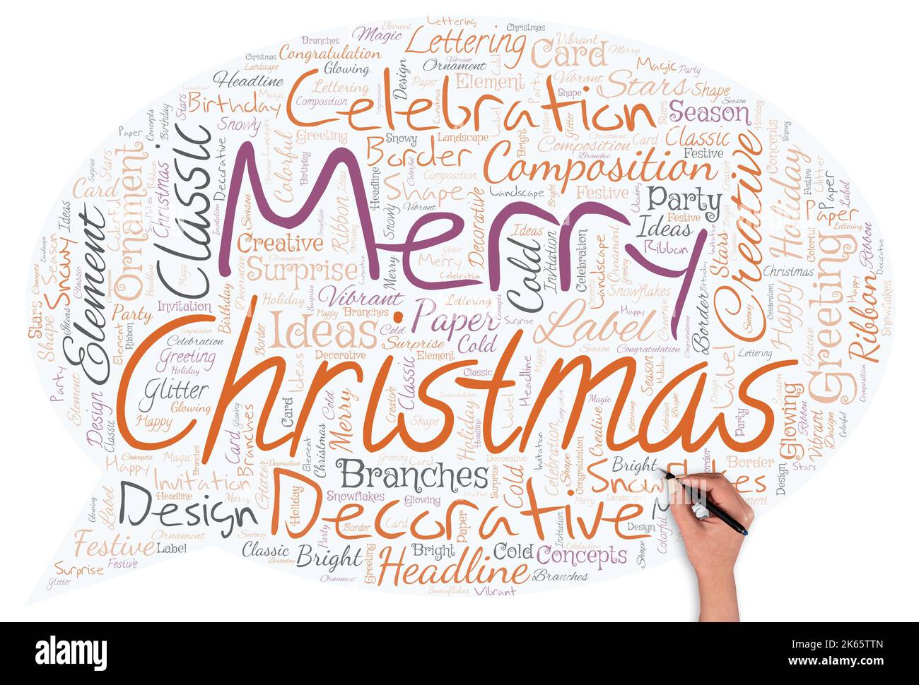 Big word cloud in the shape of speech bubble with words Merry Christmas ...