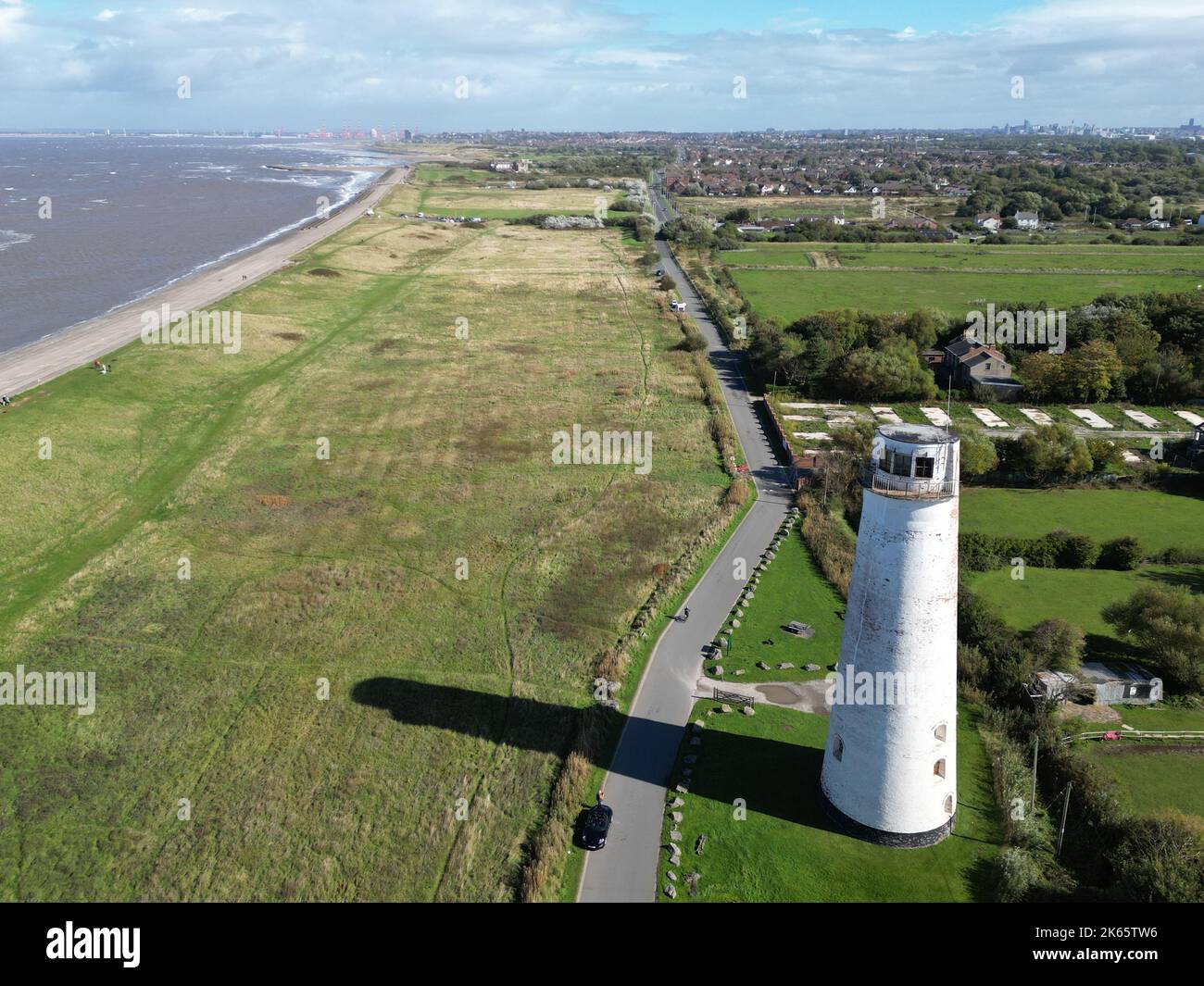 Leasowe Lighthouse landscape showing Liverpool backdrop - aerial drone ...