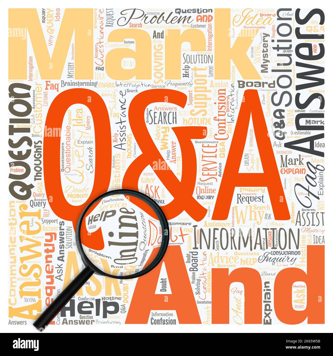Big word cloud in the shape of square with magnifying glass with words ...