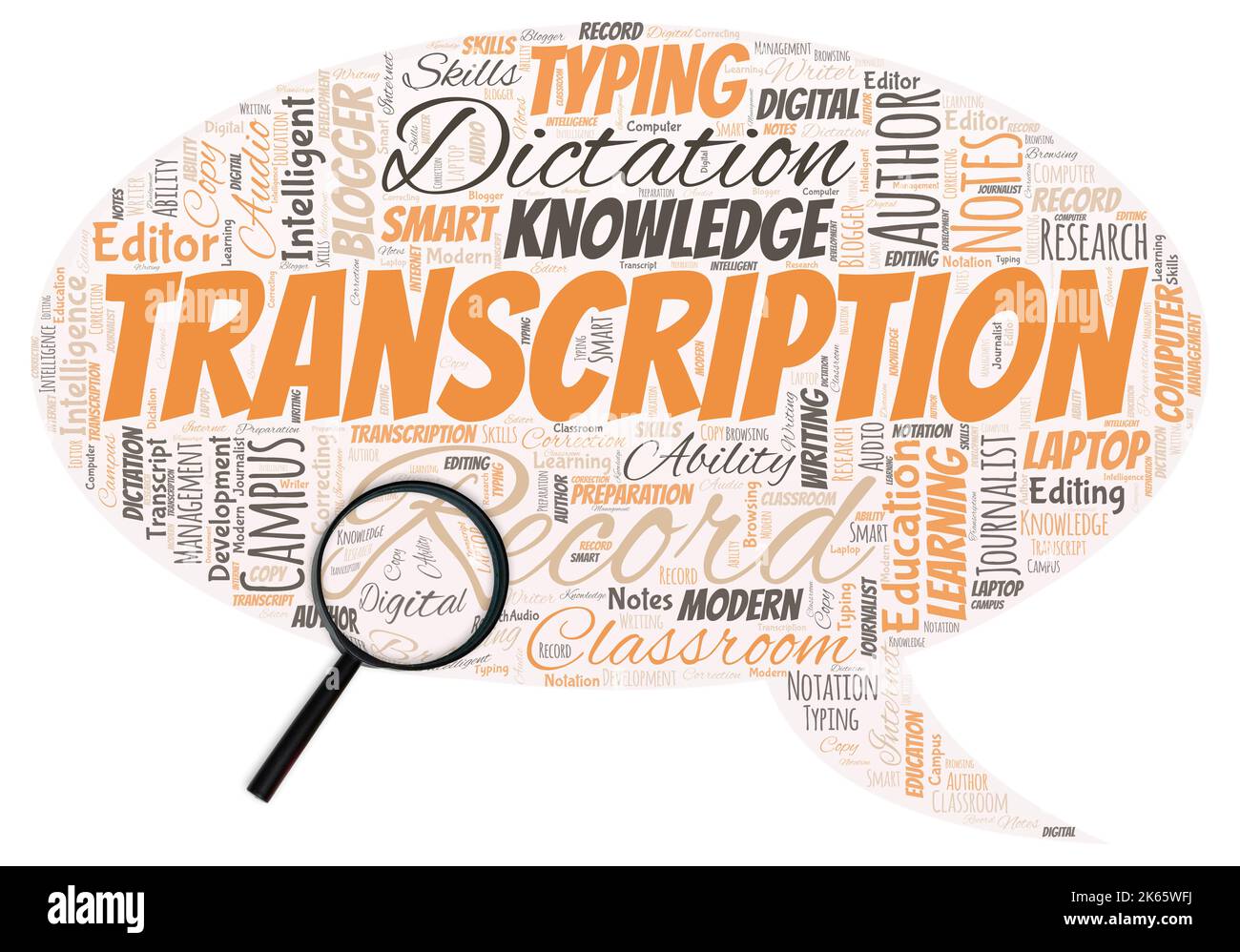 Big word cloud in the shape of speech bubble with magnifying glass with ...