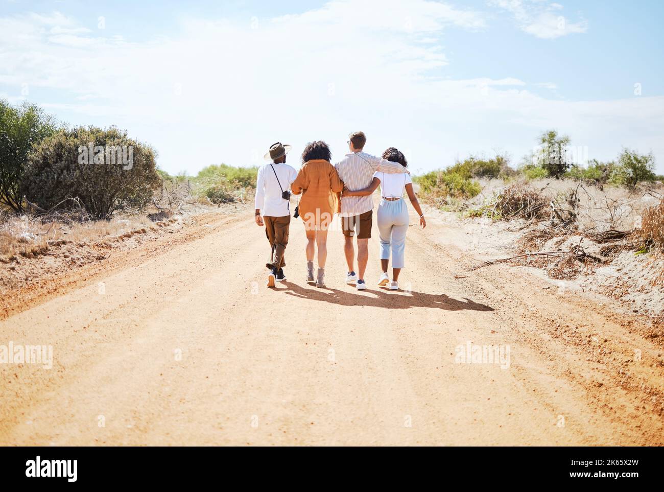 Friends, hug and travel in the countryside for summer vacation enjoying ...