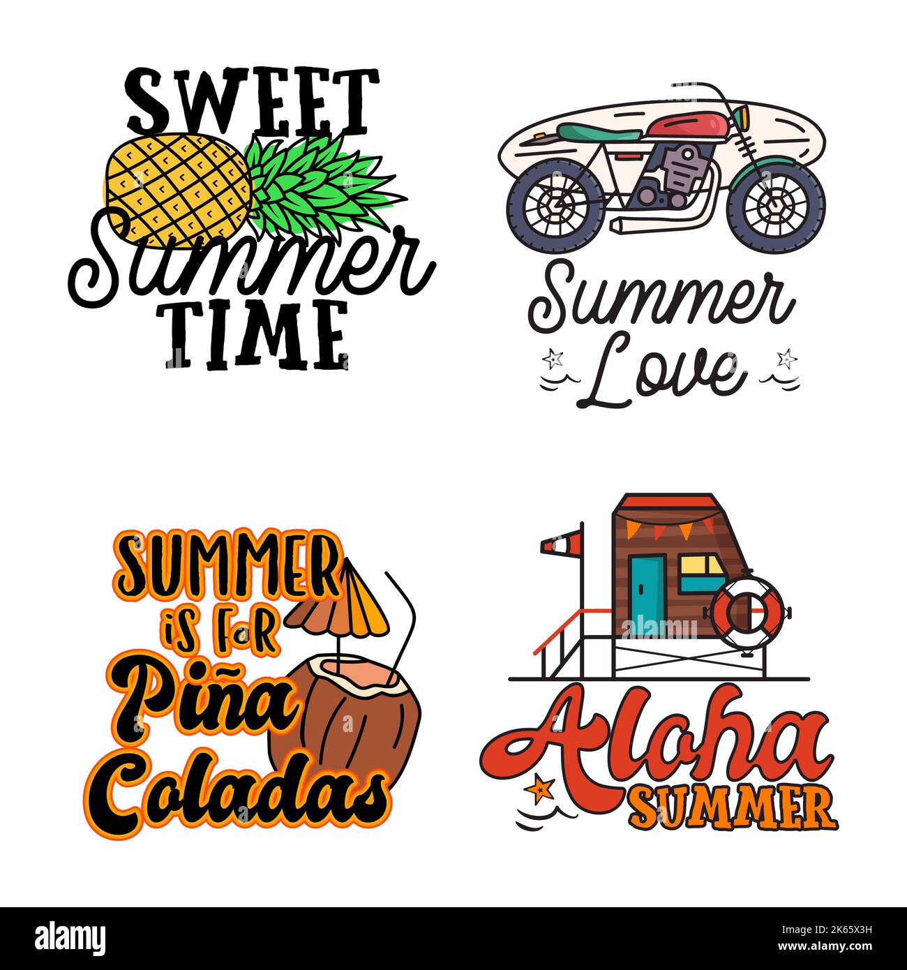 Set of colorful summer inspired stickers against white background Stock ...