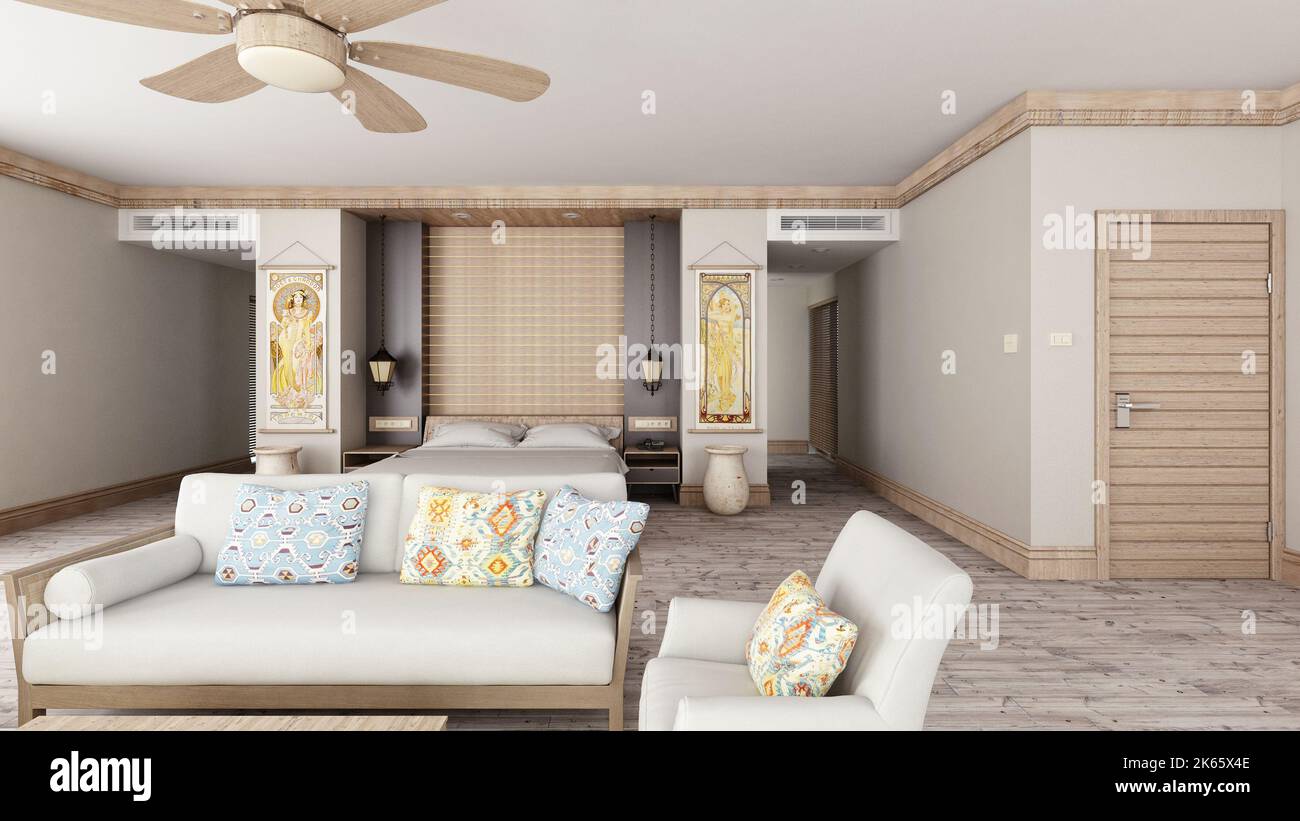 3d render. Modern hotel bedroom interior Stock Photo - Alamy