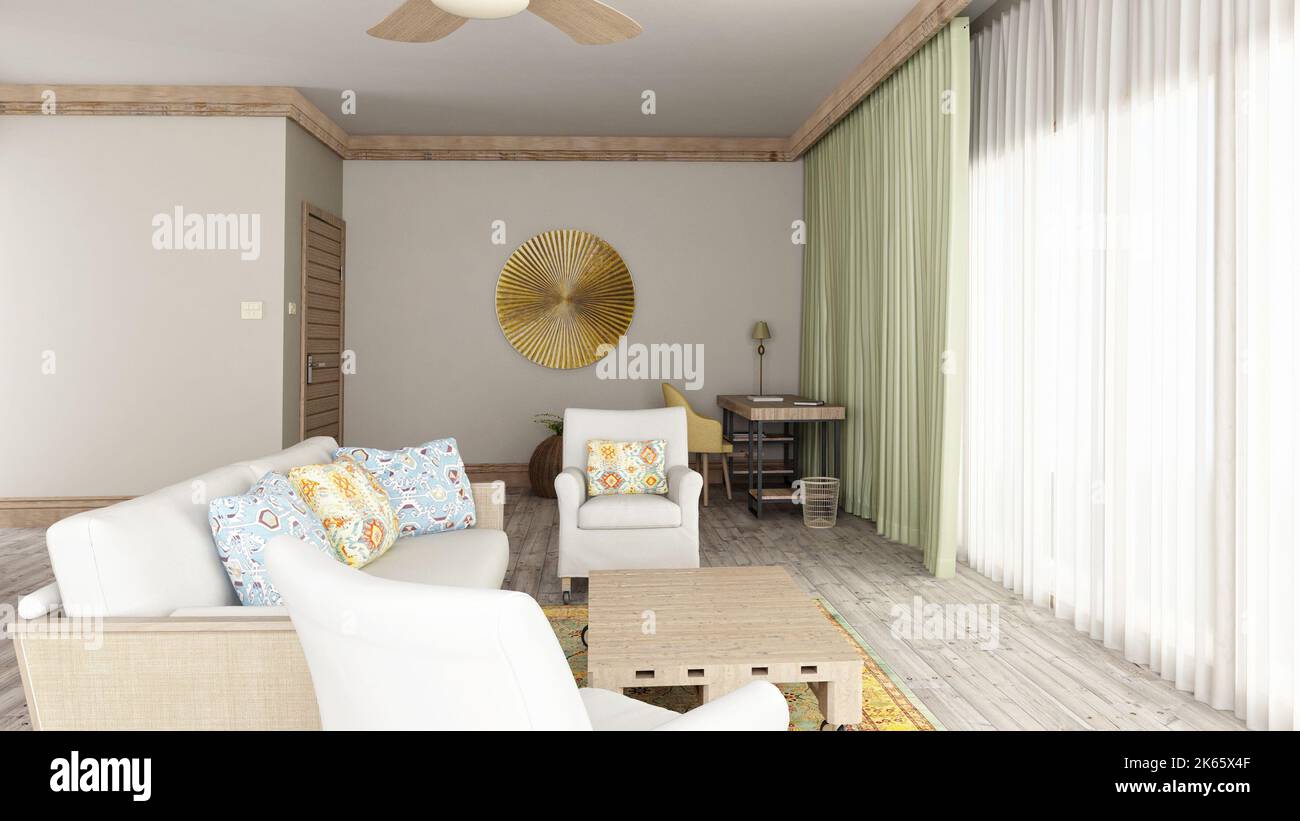 Hotel resort room 3d render. Tropical and minimalist style bedroom ...