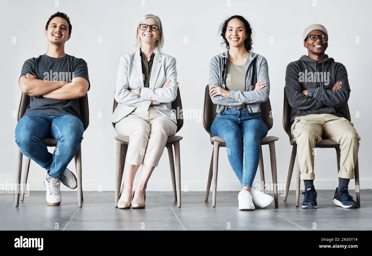 Businesspeople waiting in line for interview. Patients sitting in line ...
