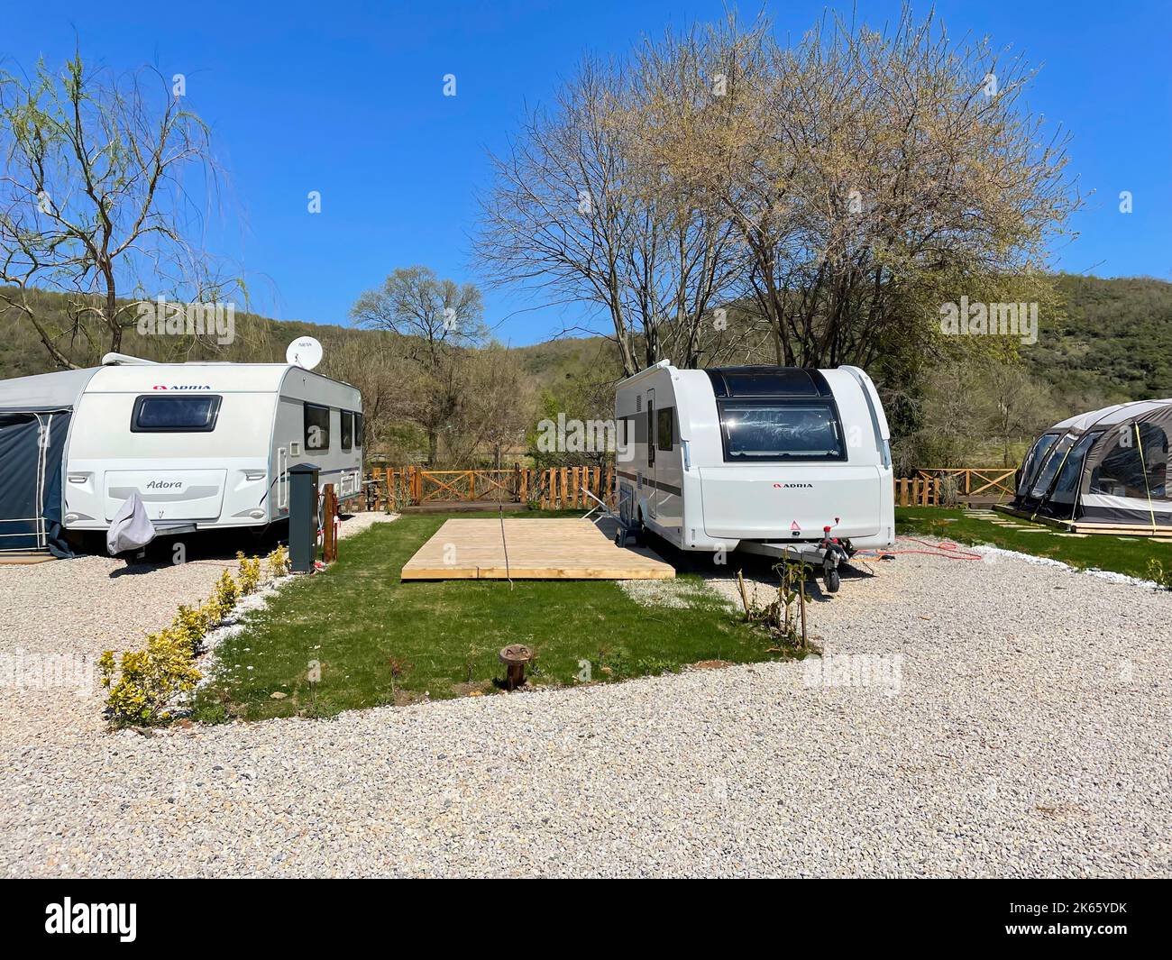 Caravan campsite with travel trailers in a row. Riva, Istanbul, Turkey ...