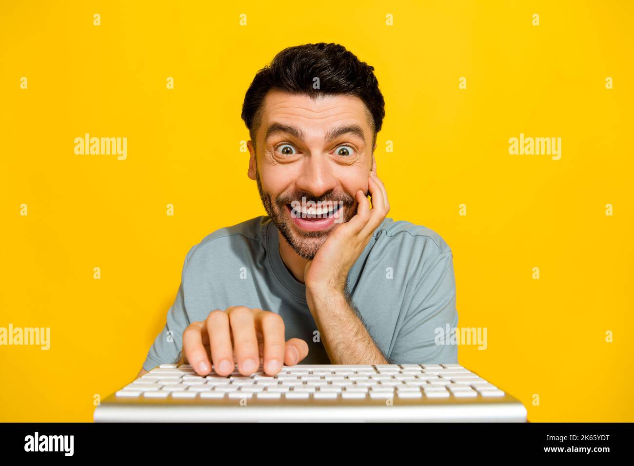 Closeup photo of excited crazy unexpected reaction brunet guy open ...