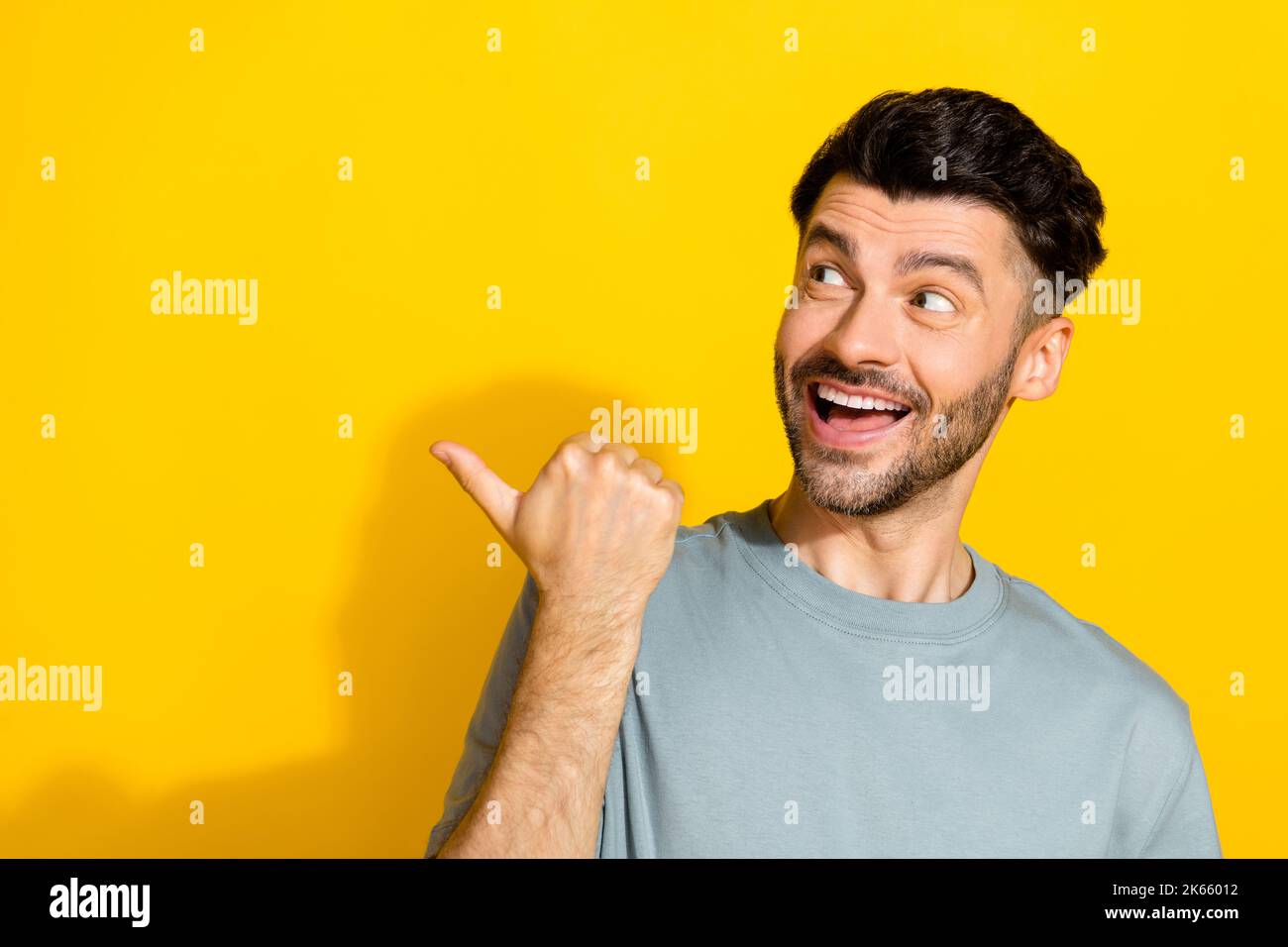 Closeup photo of young funny dreamy bearded brunet handsome guy excited ...