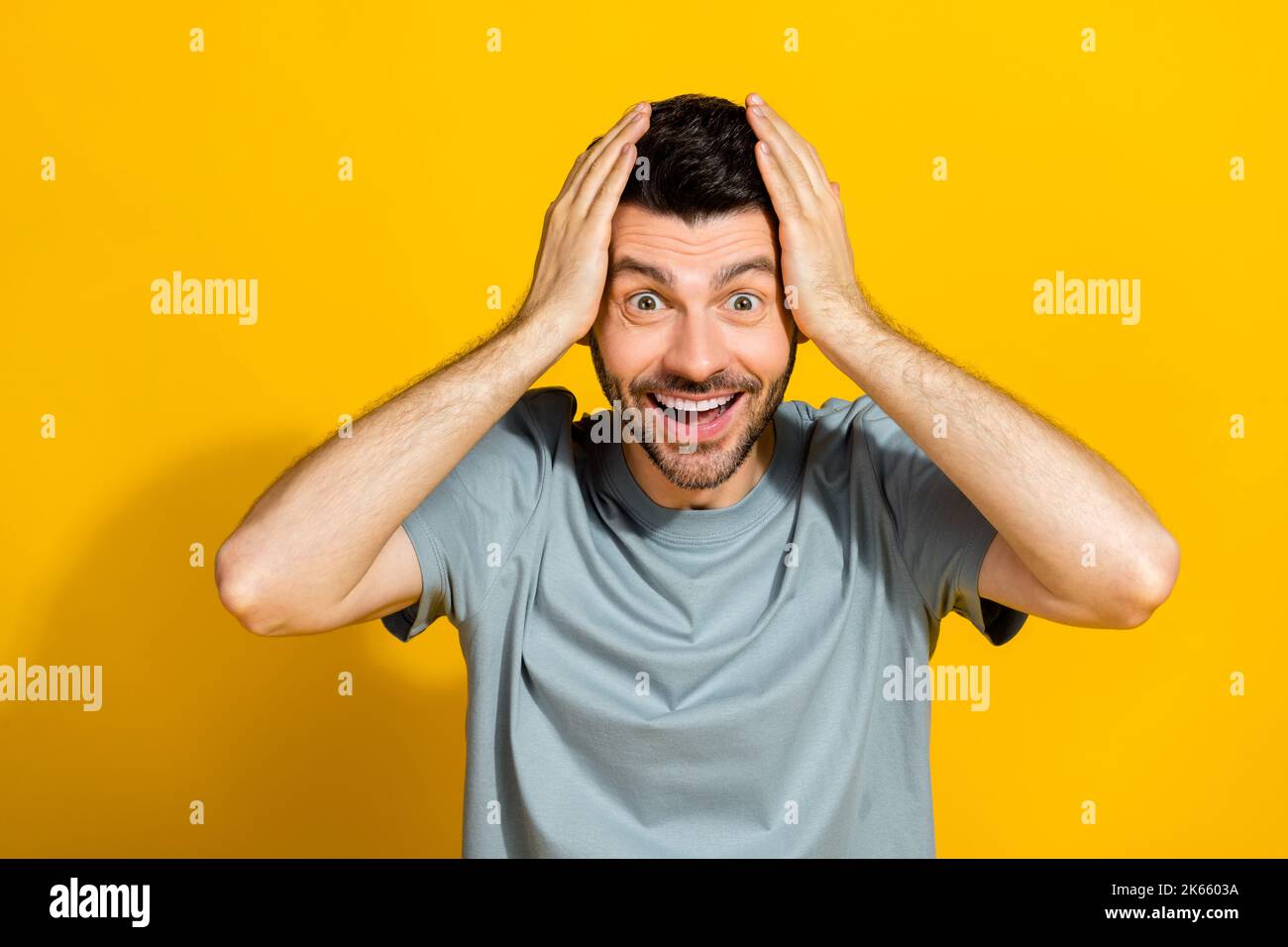 Photo of astonished stylish man fan arm touch face impressed rejoice ...