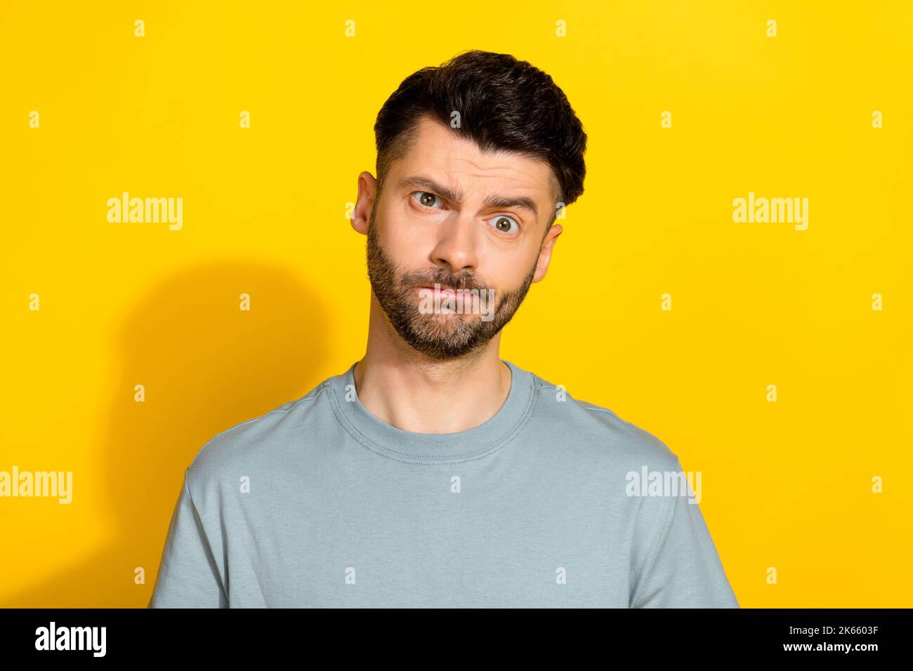 Portrait photo of young unhappy businessman bristle brunet pouted lips ...