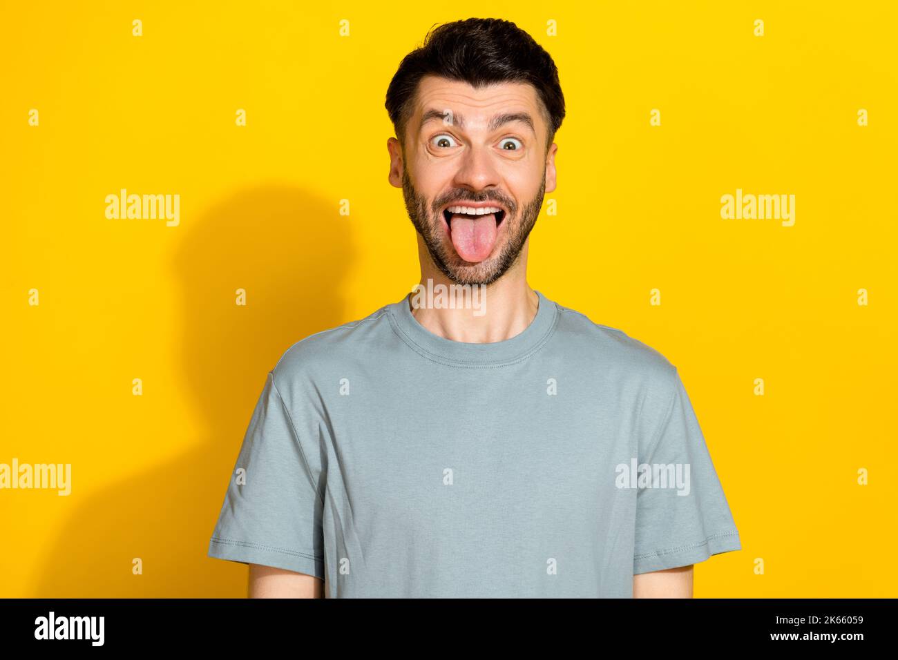 Portrait Photo Of Young Funky Man Bristle Brunet Stick Out Tongue