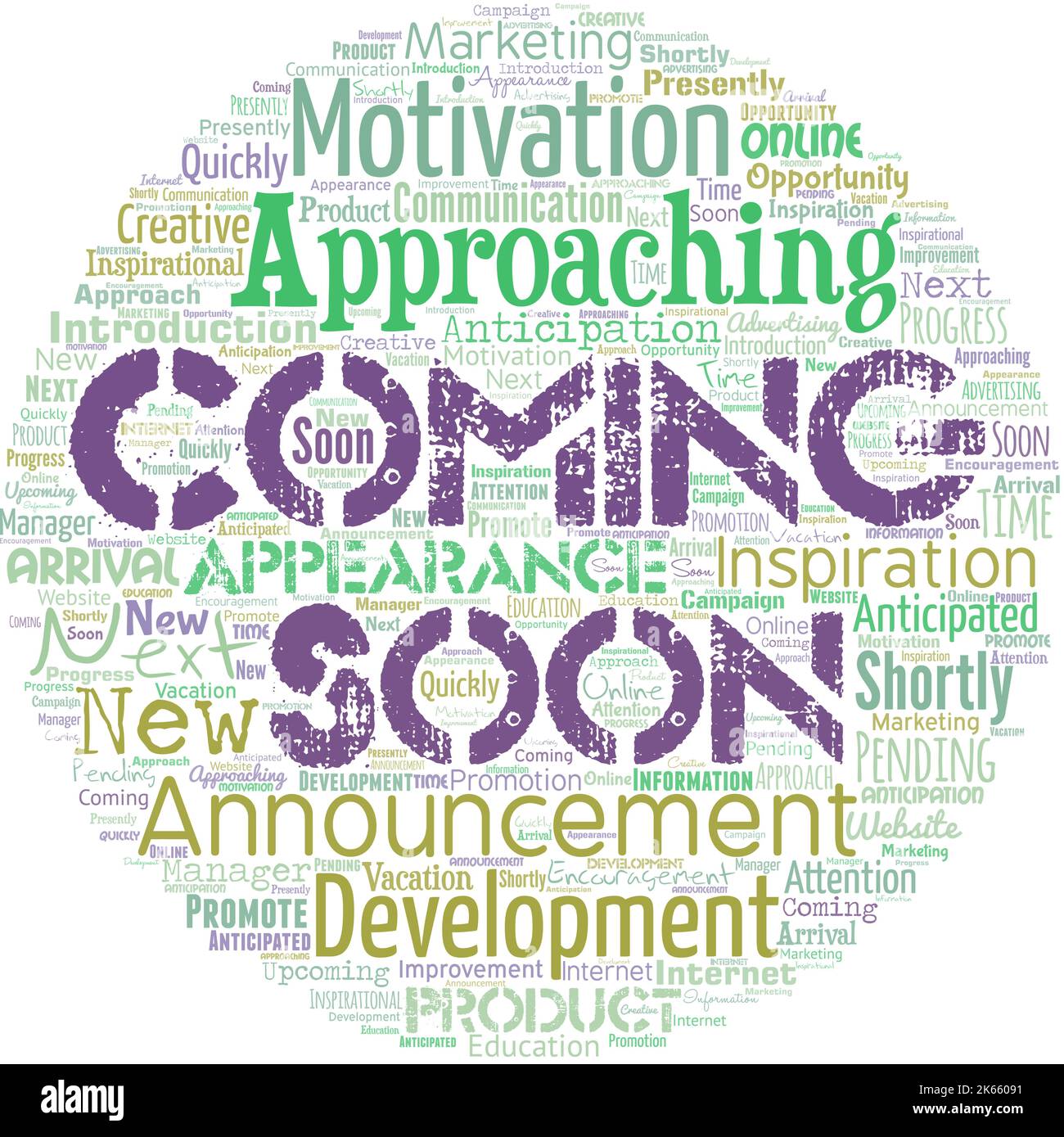 Big word cloud in the shape of circle with words coming soon. Something ...