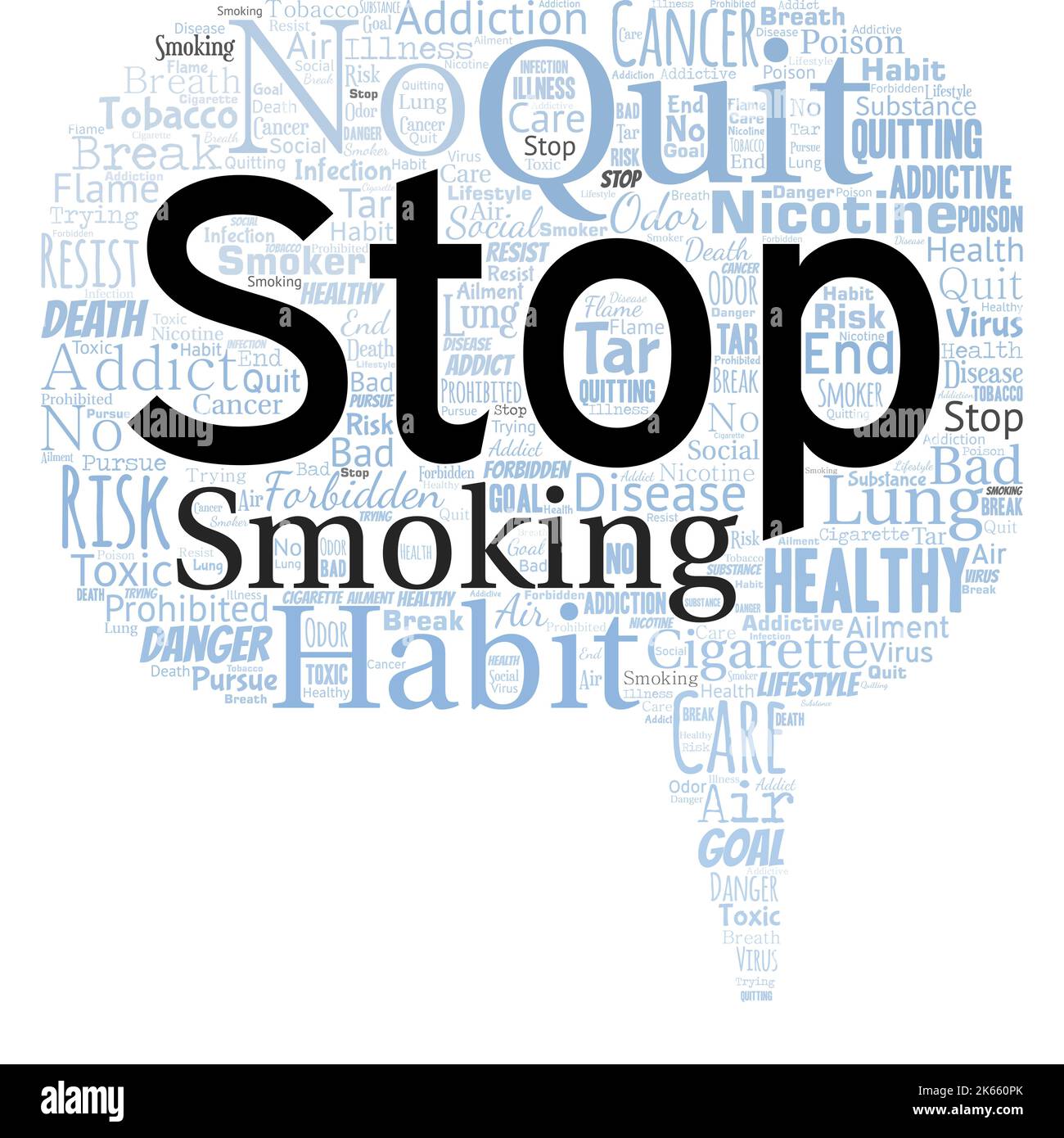 Big word cloud in the shape of speech bubble with words Stop Smoking ...