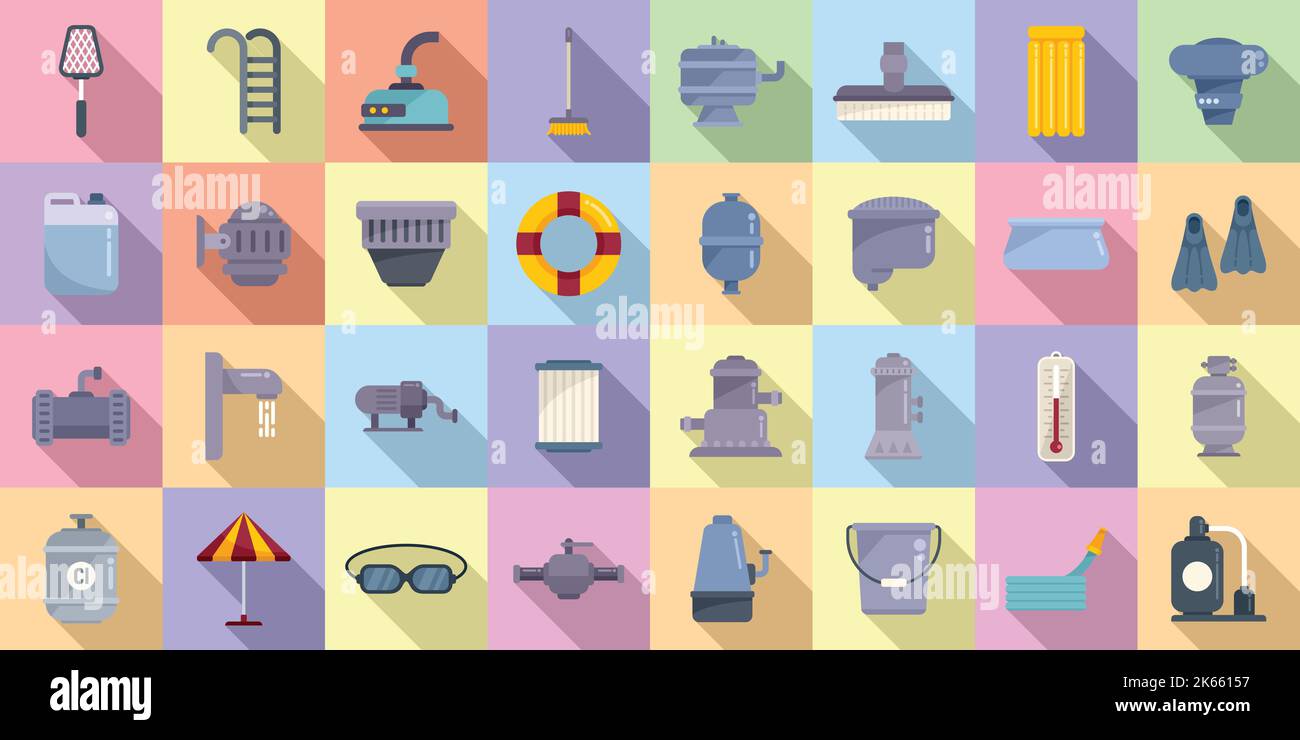 Equipment for pool icons set flat vector. Clean skimmer. Brush broom ...