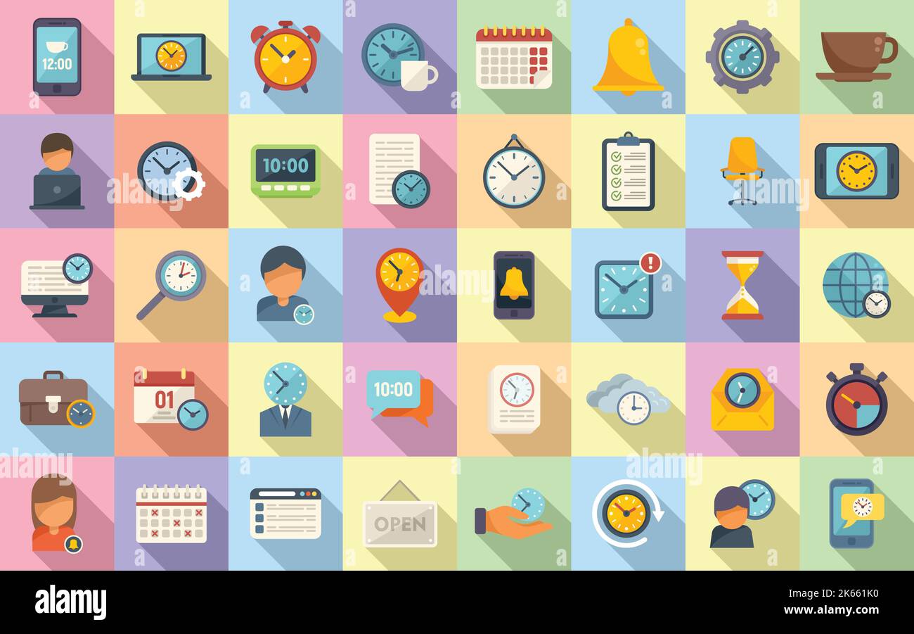 Flexible working hours icons set flat vector. Alarm clock. Work flexible Stock Vector Image ...