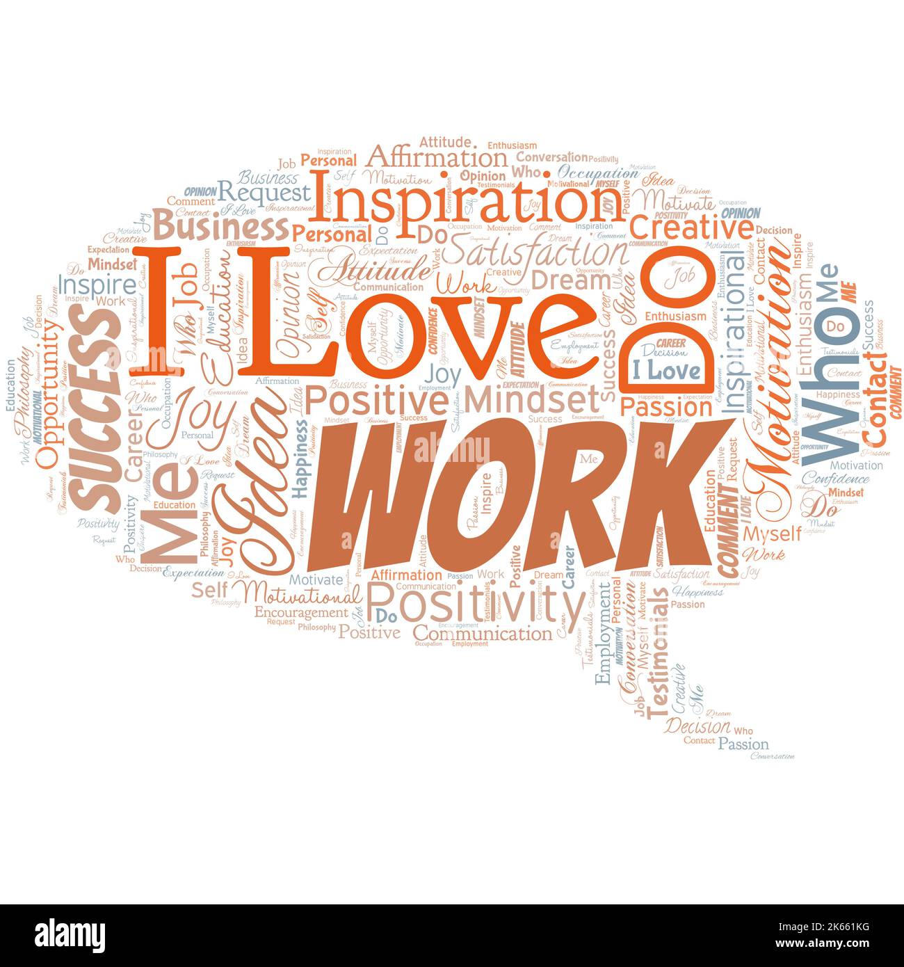 Big word cloud in the shape of speech bubble with words I love work ...