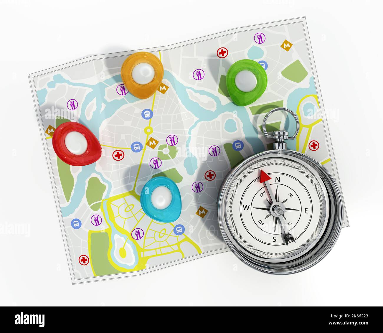 Compass and GPS markers standing on navigation map. 3D illustration ...