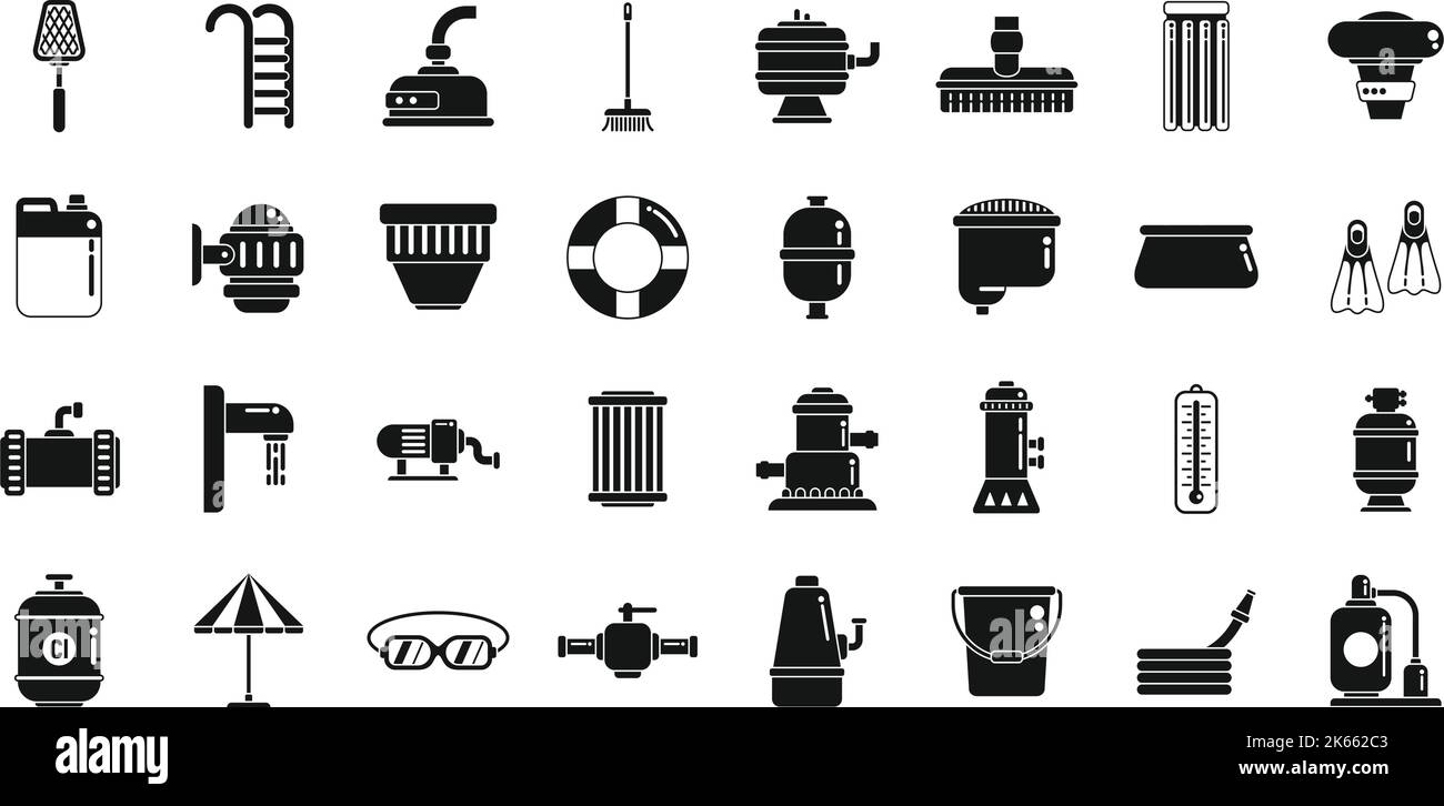 Equipment for pool icons set simple vector. Clean skimmer. Brush broom ...