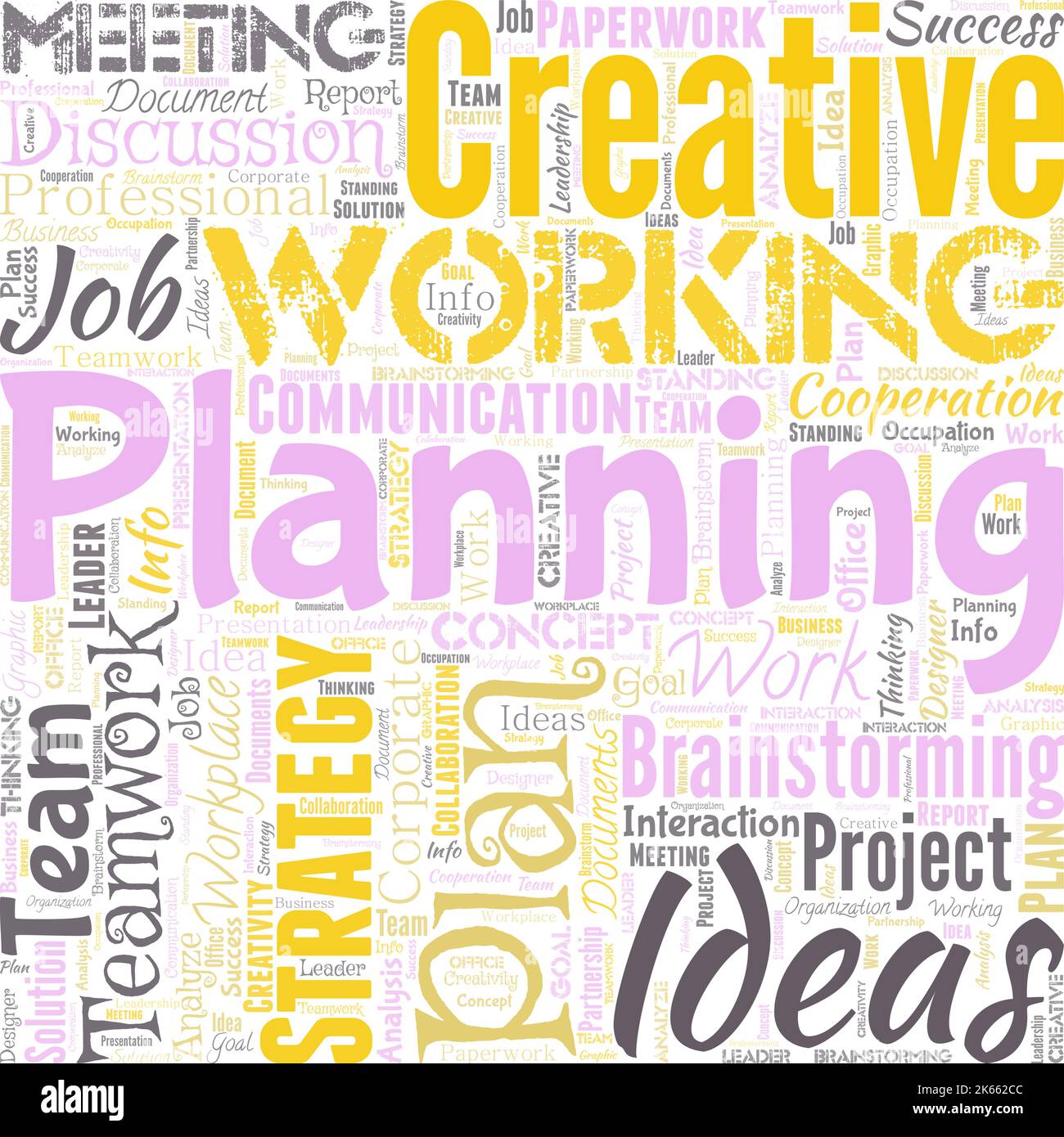 Big word cloud in the shape of square with words planning. Process of ...