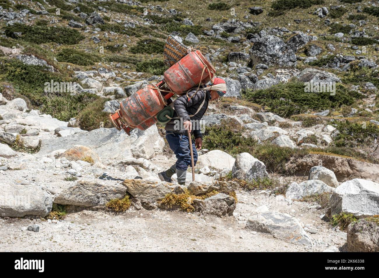 Shepa carrying heavy gas cylinder in Nepal on the Everest Way Stock ...