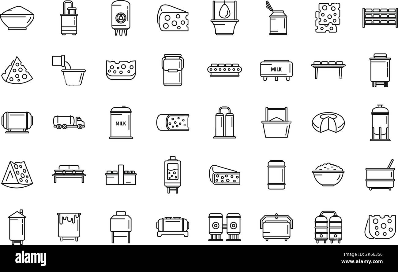 Cheese production icons set outline vector. Milk food. Making butter ...