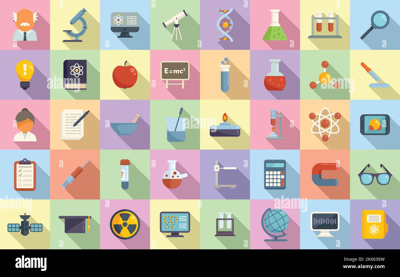 Research scientist icons set flat vector. Lab formula. Medical chemical ...