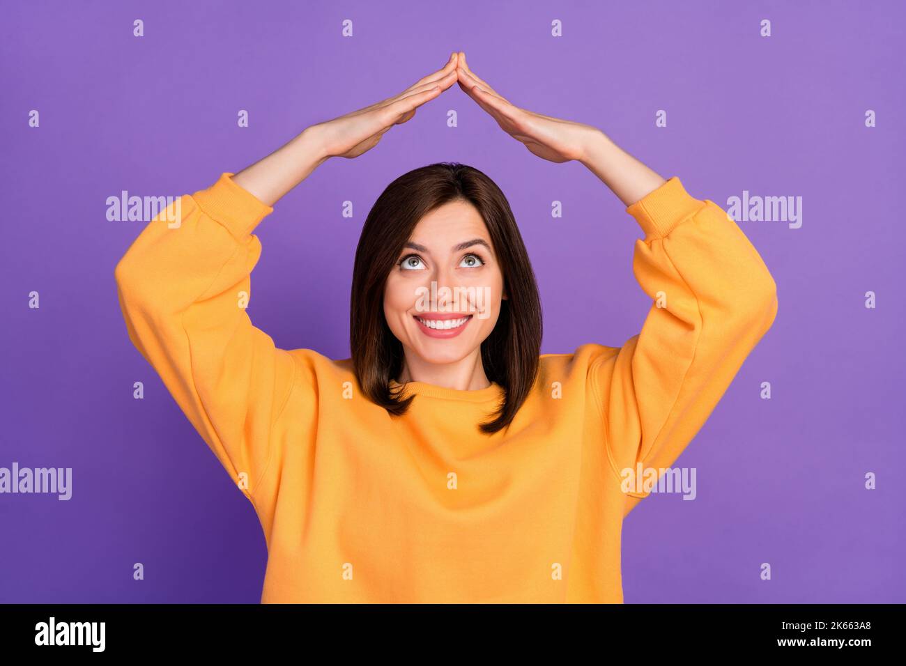 Closeup photo of young pretty gorgeous nice woman wear orange pullover ...