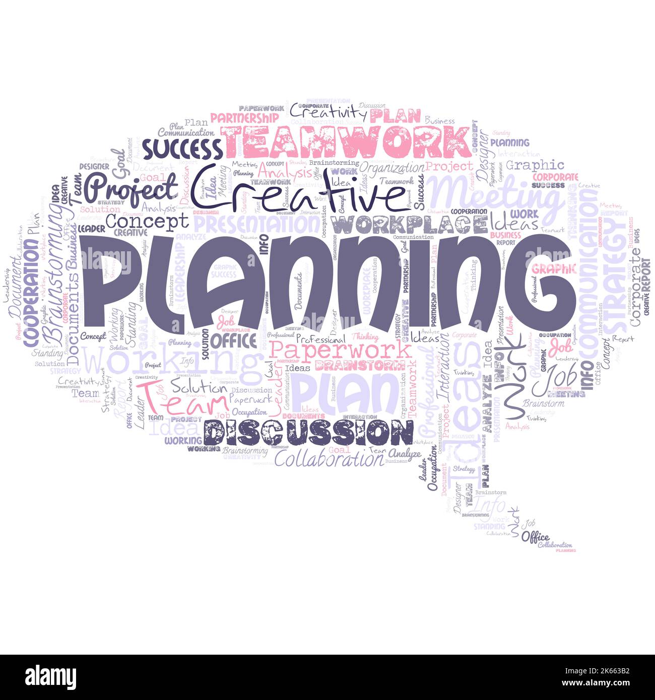 Big word cloud in the shape of dialog box with words planning. Process ...
