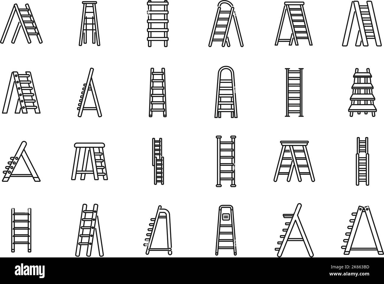 Step ladder icons set outline vector. Home metal. Stairway wooden Stock ...