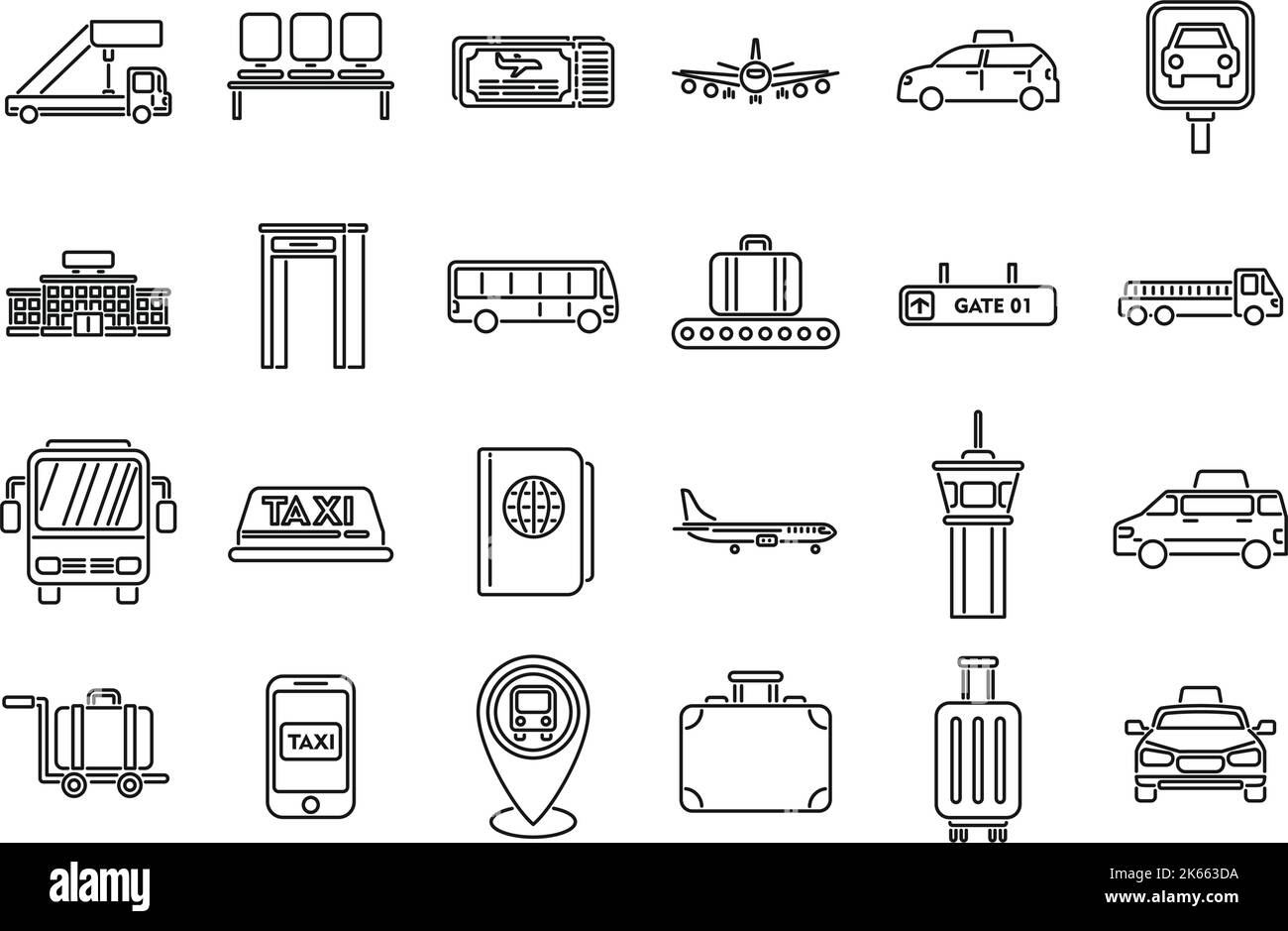 Airport transfer icons set outline vector. Flight lost. Time baggage ...