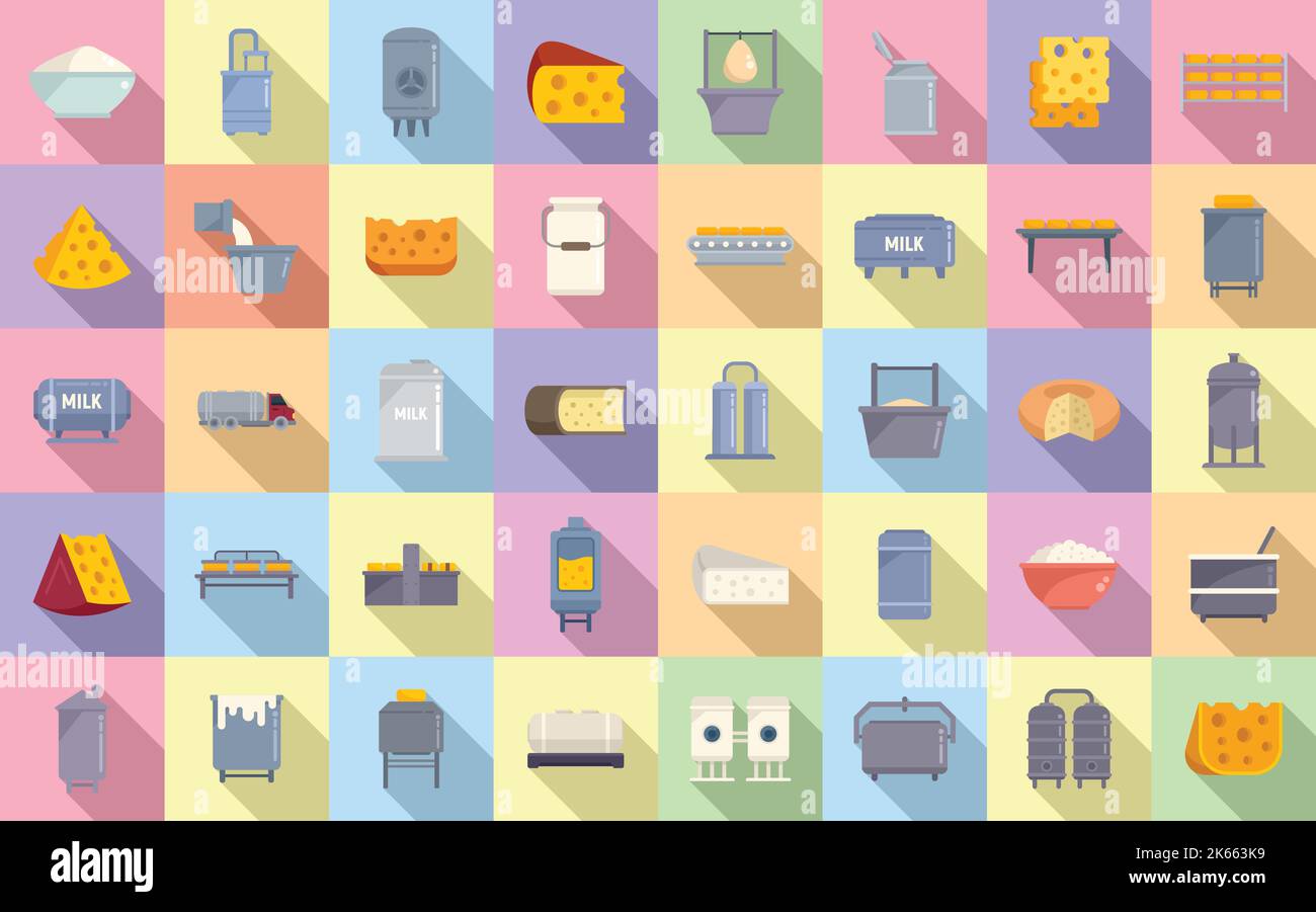 Cheese production icons set flat vector. Milk food. Making butter Stock ...