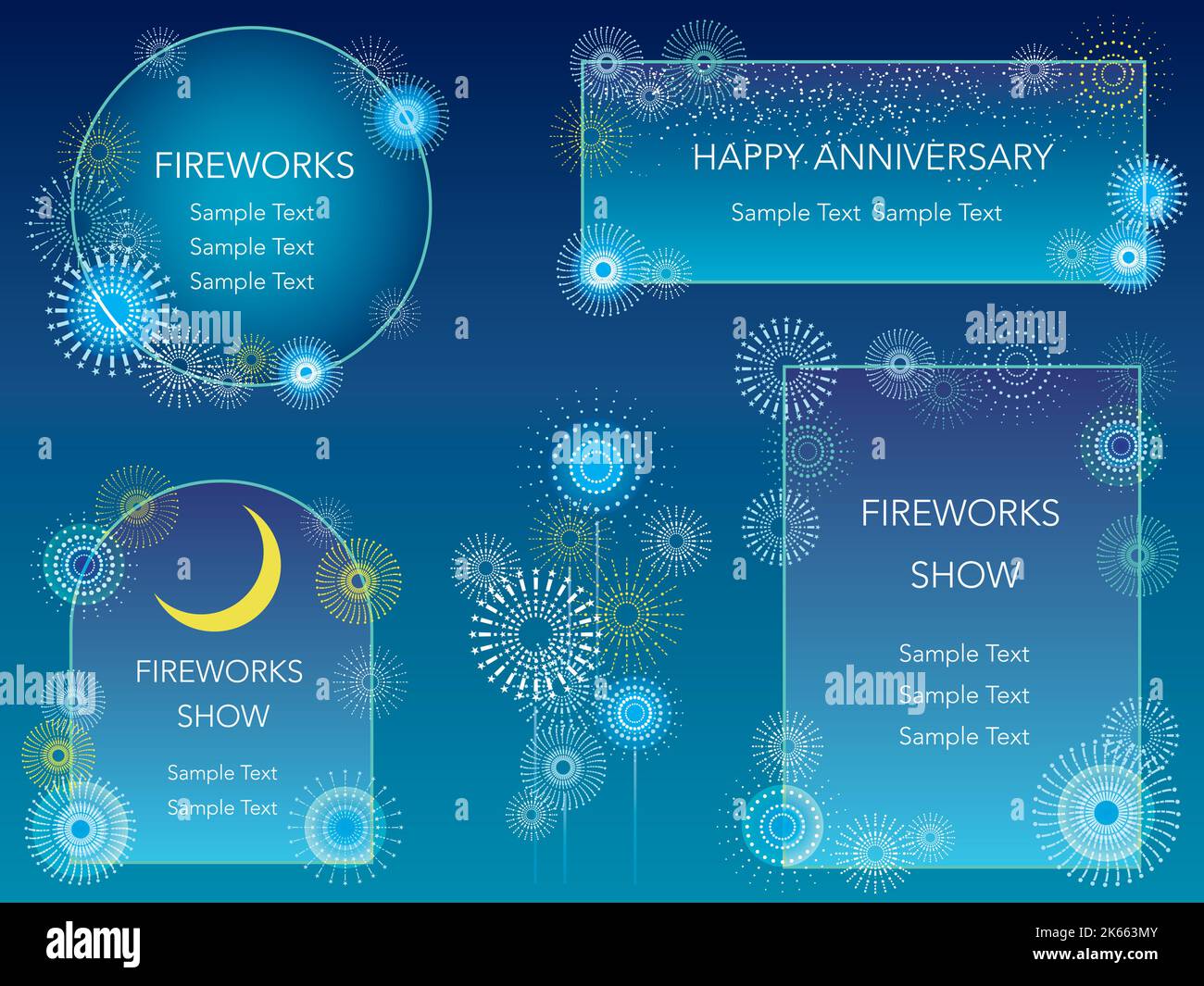 Set Of Fireworks Frames With Text Space On A Blue Background. Vector ...