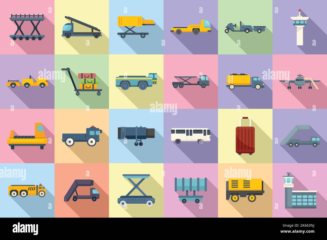 Airport ground support service icons set flat vector. Cargo aero. Tail ...