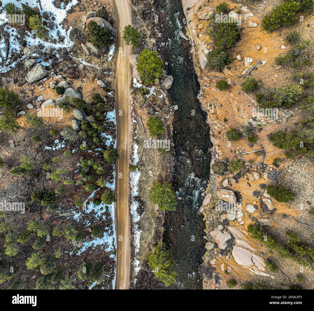 An aerial view of South Platte River flowing in a rural area next to a ...